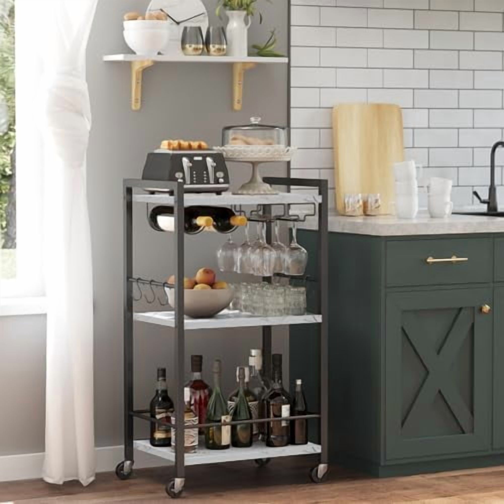 Bar Cart, Home Bar Serving Cart, Small Wine Cart with 3-Tier Shelf ...