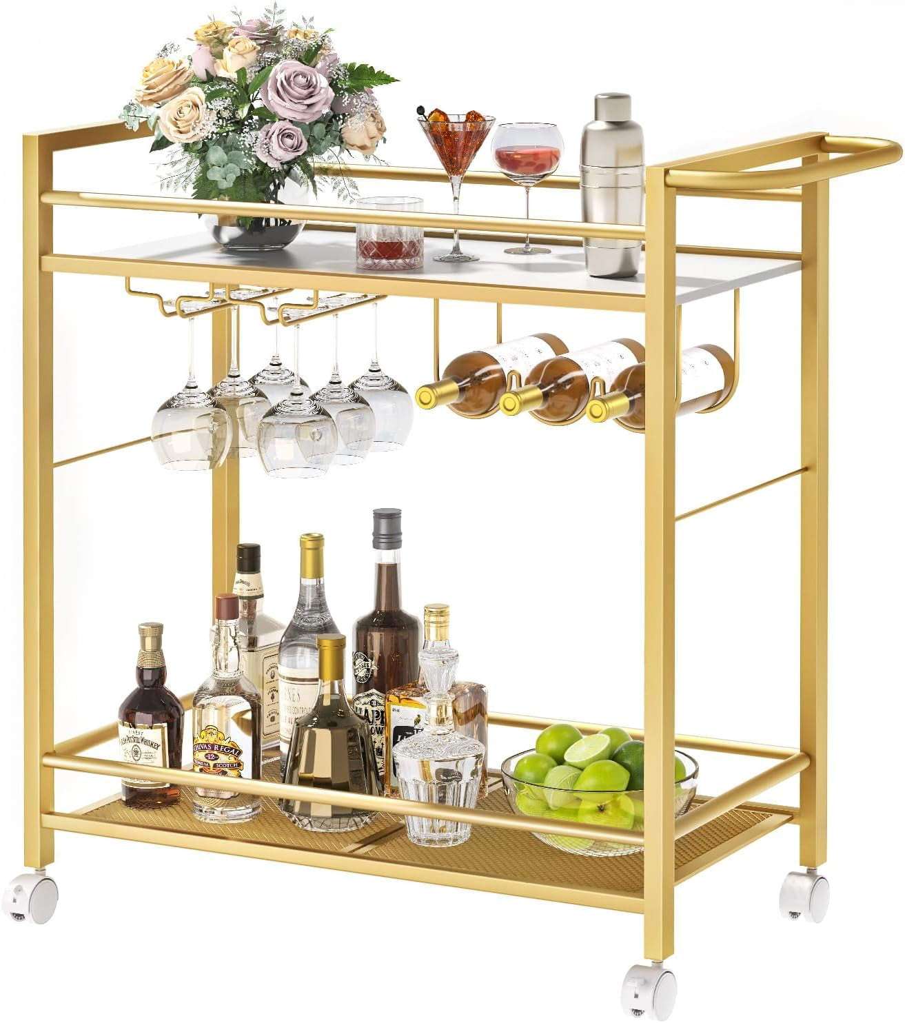 Bar Cart,Home Bar Serving Cart with Storage Shelves, 2 Tier Rolling Beverage Cart with Wheels ...