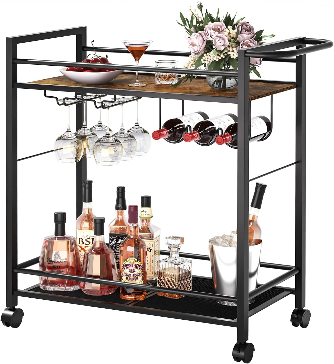 Bar Cart,Home Bar Serving Cart with Storage Shelves, 2 Tier Rolling ...