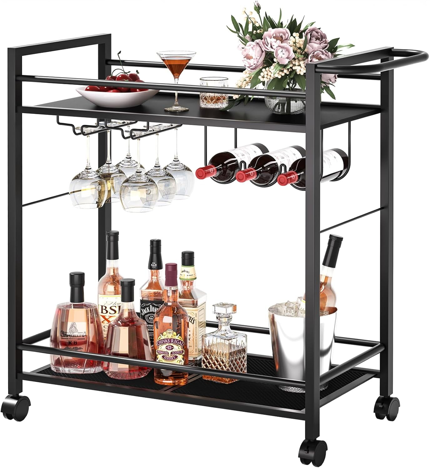 Bar Cart,Home Bar Serving Cart with Storage Shelves, 2 Tier Rolling ...