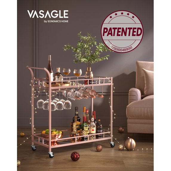 Two-Tier Rolling Bar Cart with Mirrored Shelves, Metal Frame, Wine ...