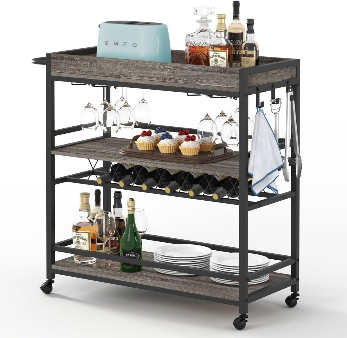 Bar Cart, Home Bar Serving Cart on Wheels, Mobile 3 Tier Liquor ...