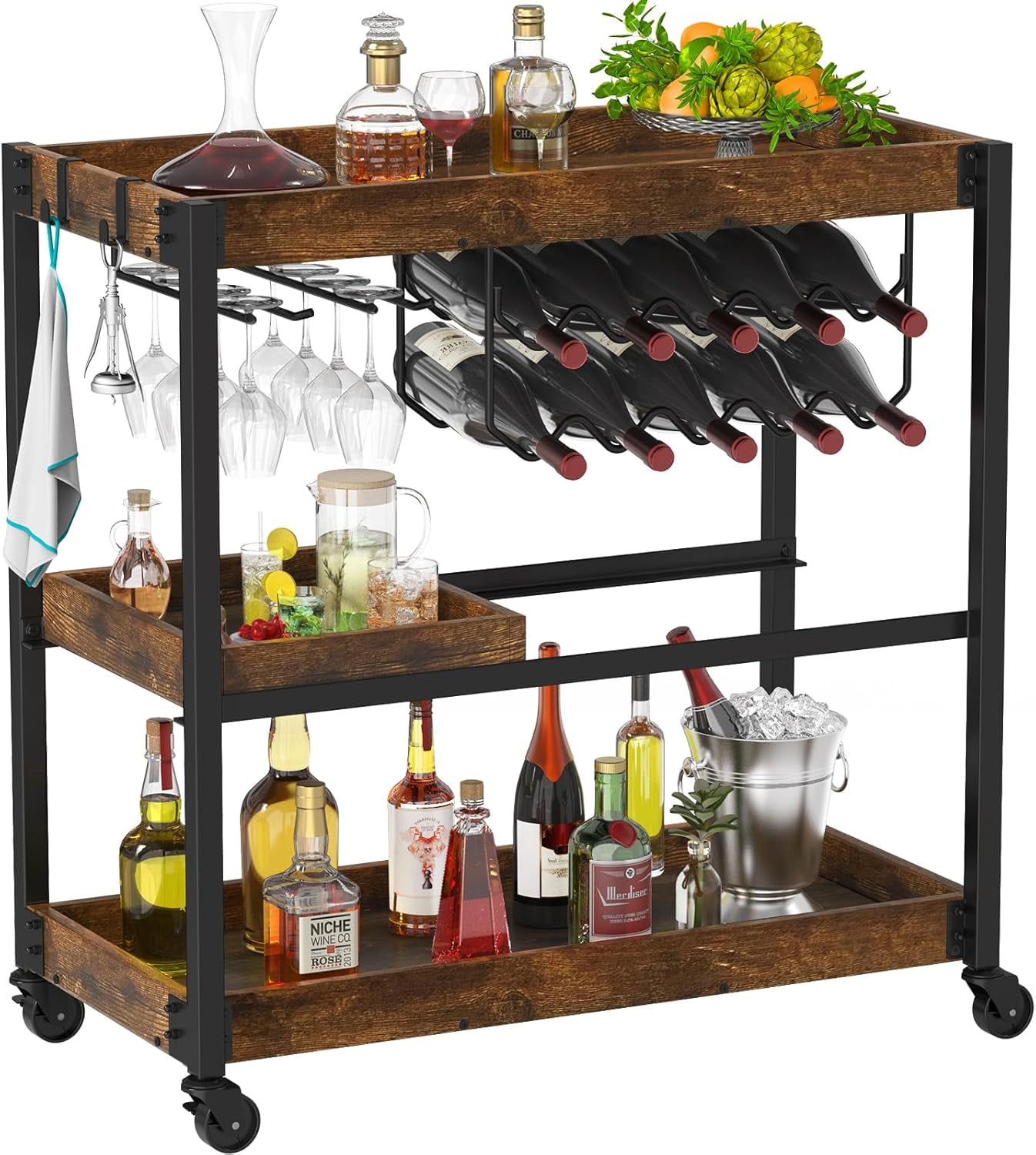 Bar Cart for Home Heavy Duty Serving Cart with Wheels Storage Shelves 3 ...