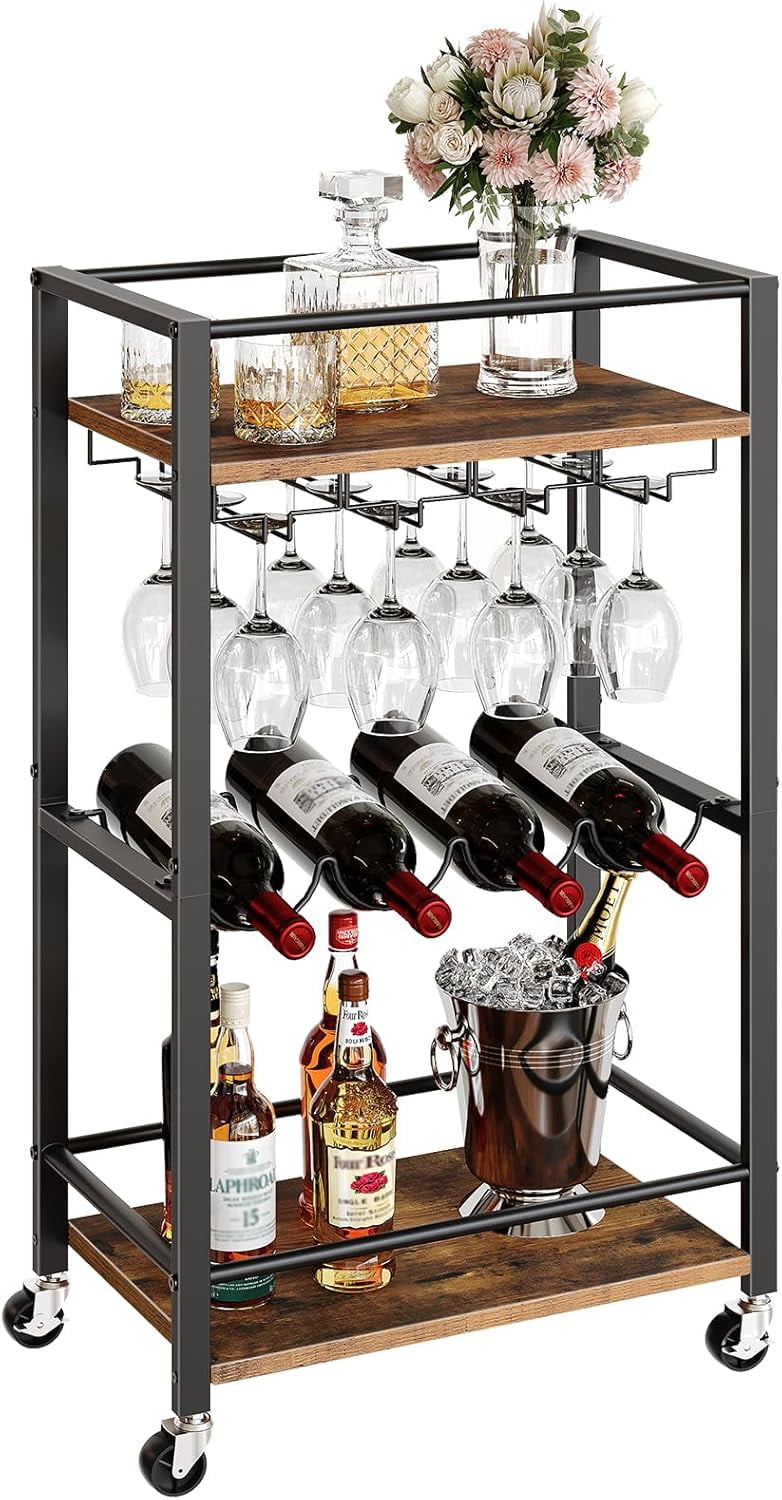 Bar Cart for Home, Mini Rolling Wine Cart, 3 Tier Serving Cart, Kitchen ...