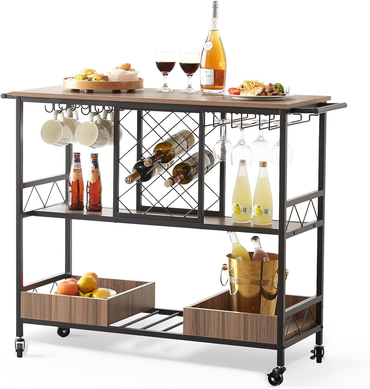 Bar Cart, Home Serving Cart, 3 Tiers 300 LBS Industrial Rolling ...