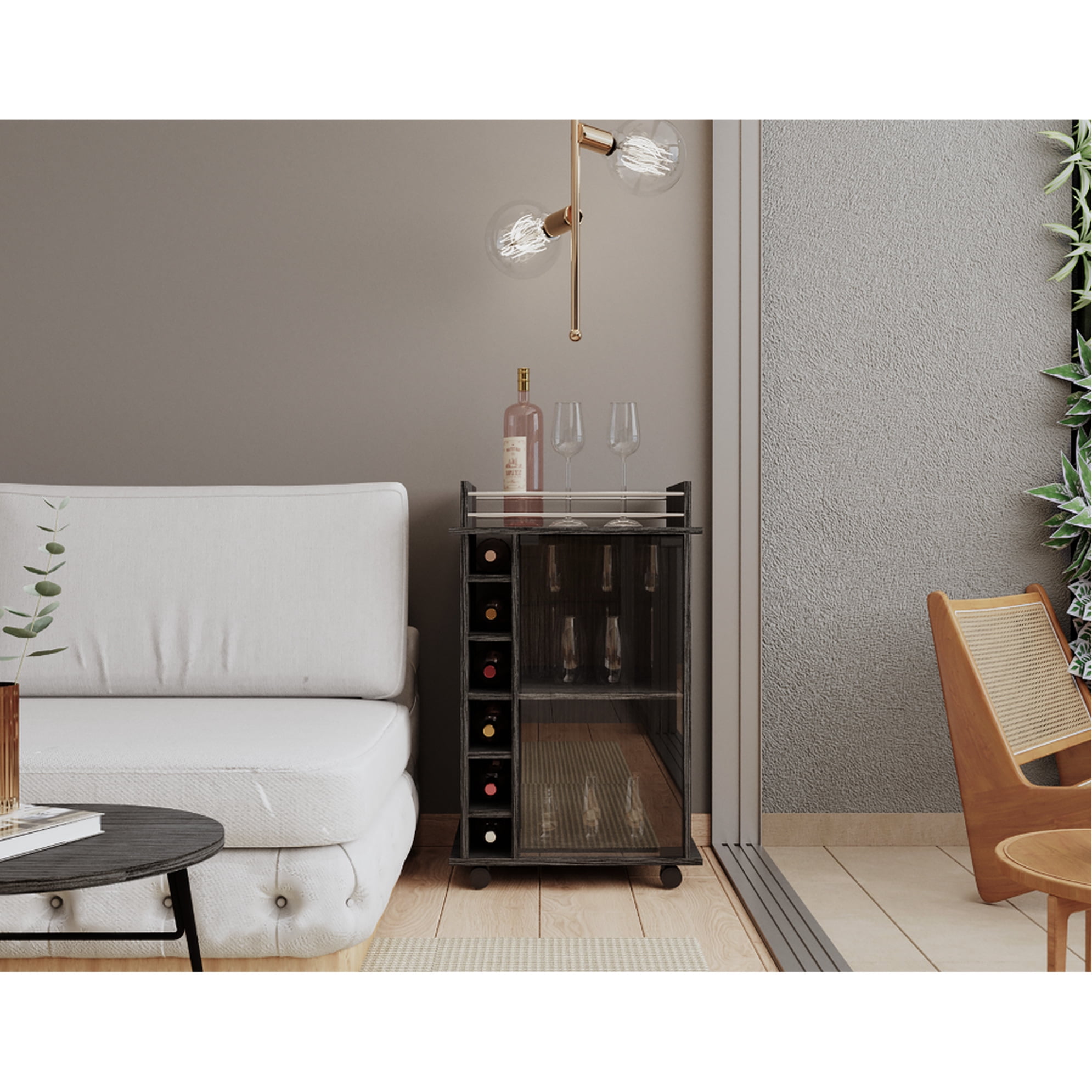 Bar Cart In Gray With Glass Door And Lockable , Two Shelves, Six Bottles Space For Keeping ...