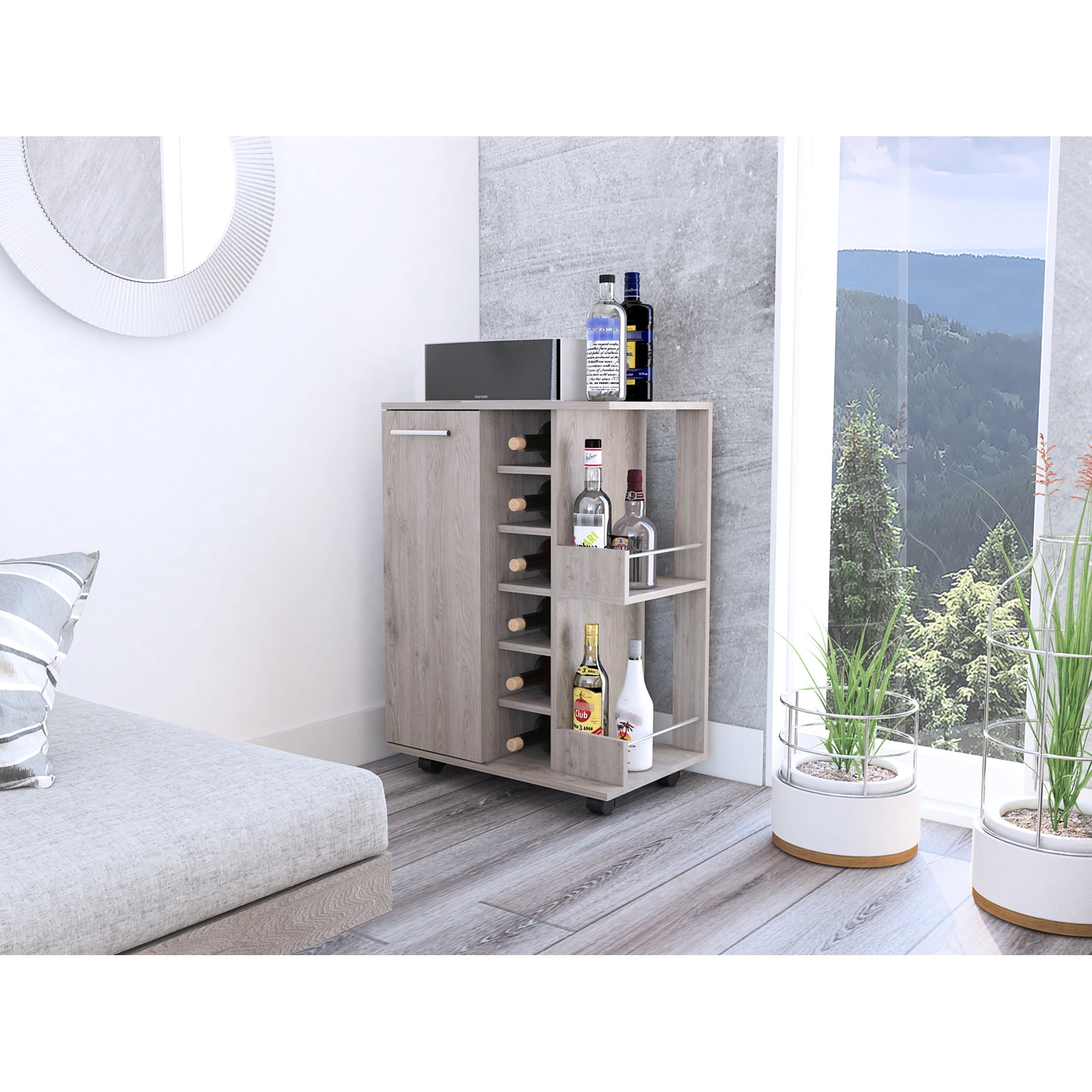 Bar Cart In Gray With Six Built-in Bottle , Two Outer Shelves, And A ...