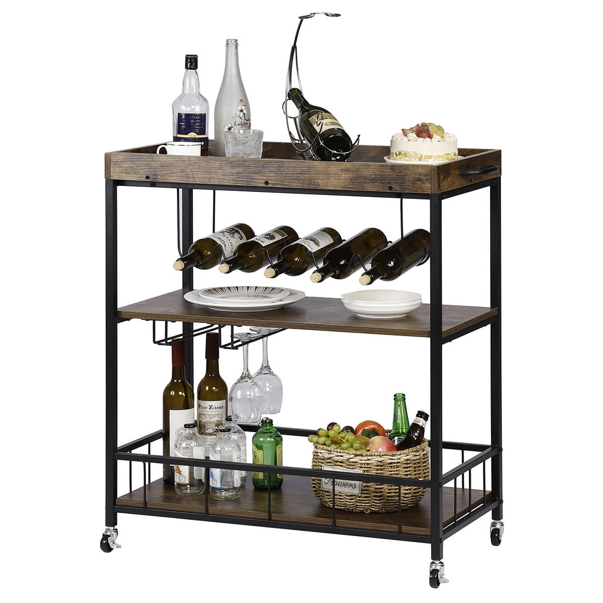 Bar Cart Kitchen Bar&Serving Cart for Home with 3 -Tier Storage Shelves ...