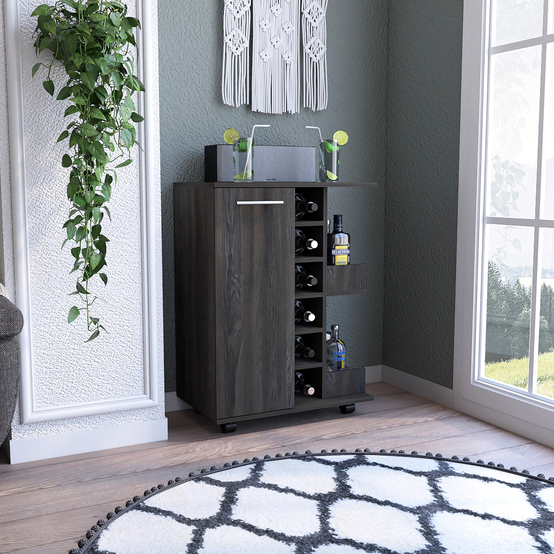 Bar Cart | Lockable Casters & One Enclosed Cabinet | Espresso - Colored ...