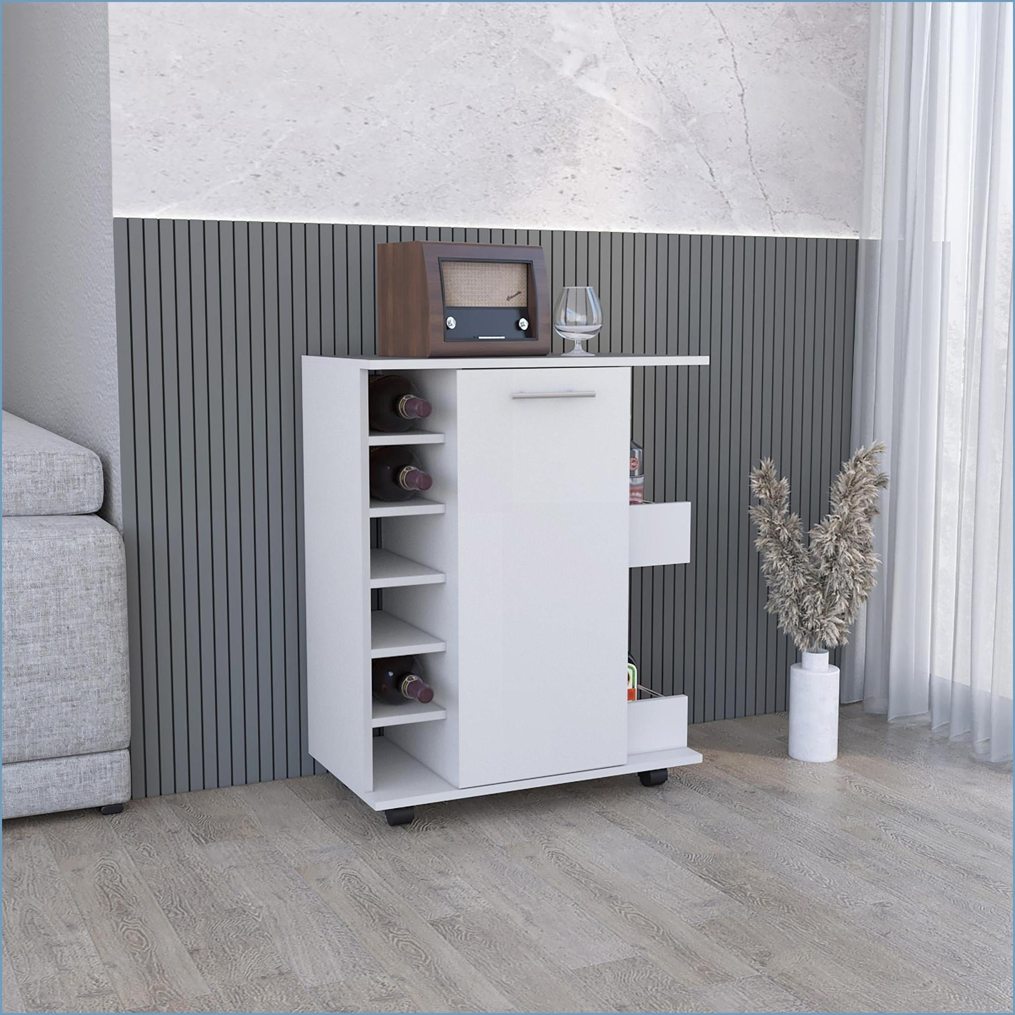 Bar Cart, Lothian with Casters, 2 Side Shelves, 6-Wine Bottle Rack ...