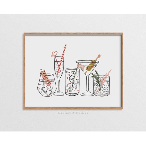 Bar Cart Poster Valentine S Day Cocktail Art Cute Drinks Wall ...