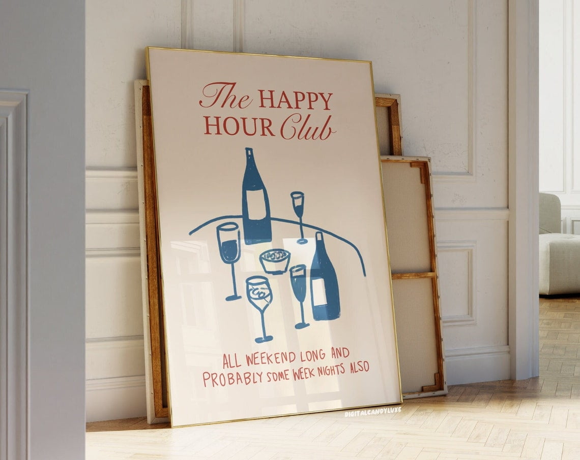 Bar Cart Prints Happy Hour Club Poster Retro Wall Art Kitchen Decor Red ...