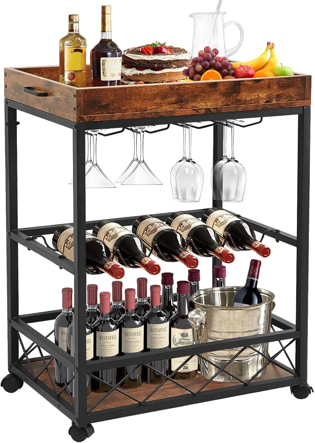 Bar Cart with Removable Tray, Heavy Duty Industrial Metal Cart with ...