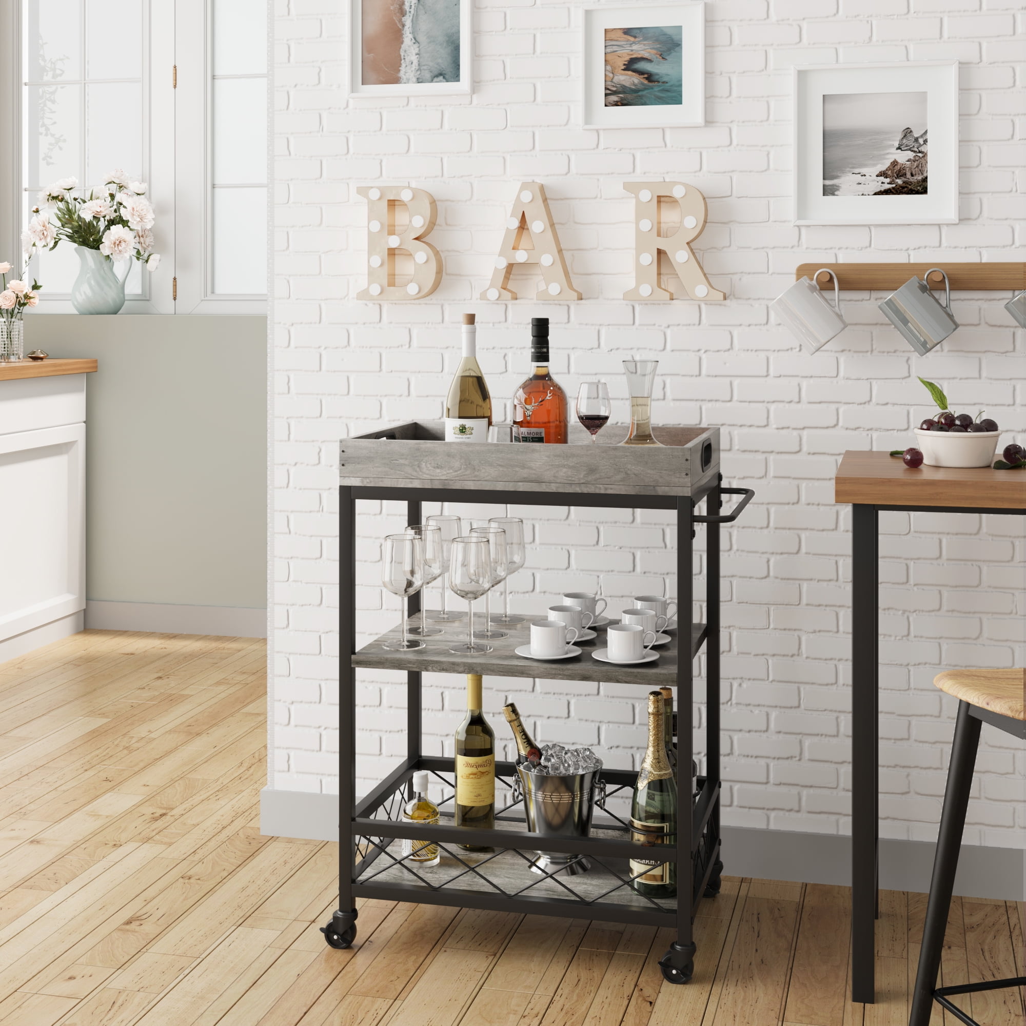 Bar Cart,Serving Cart for Home,Small Bar Cart with 3-Tier Shelf,Mobile ...
