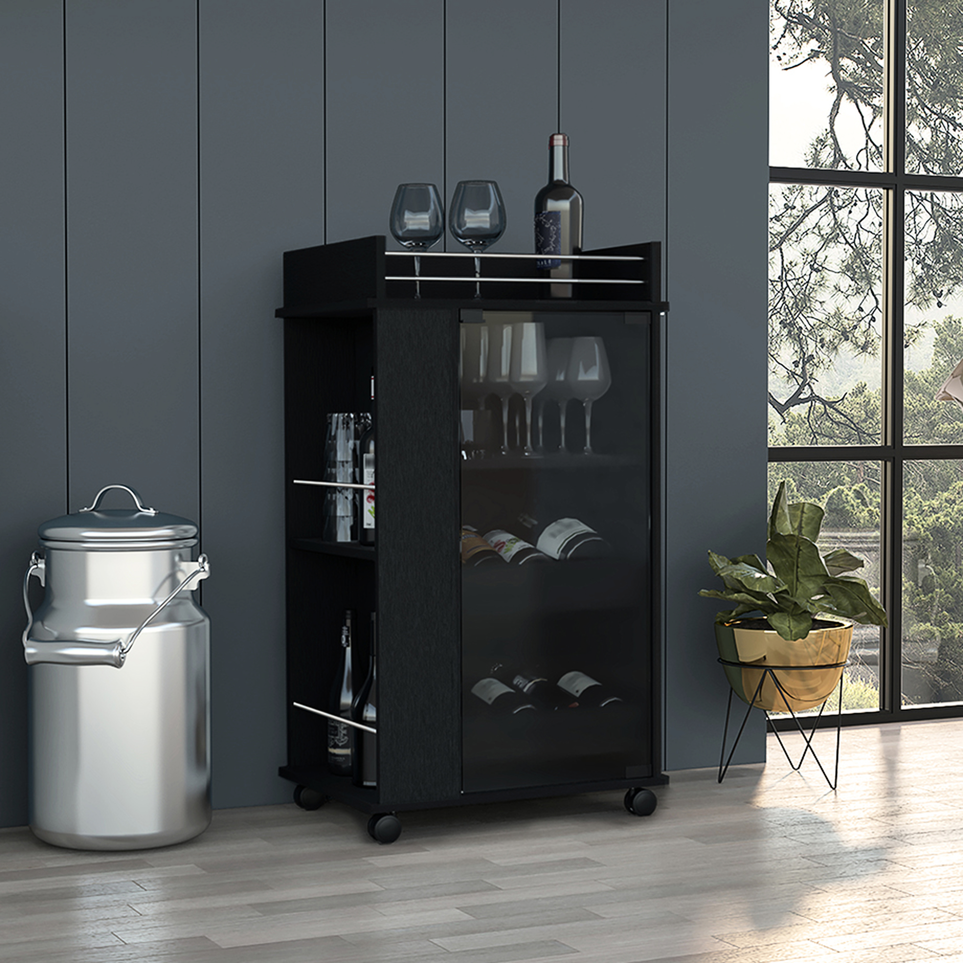 Bar Cart With Side Shelves And Glass Door, Black Color, Ample Upper ...