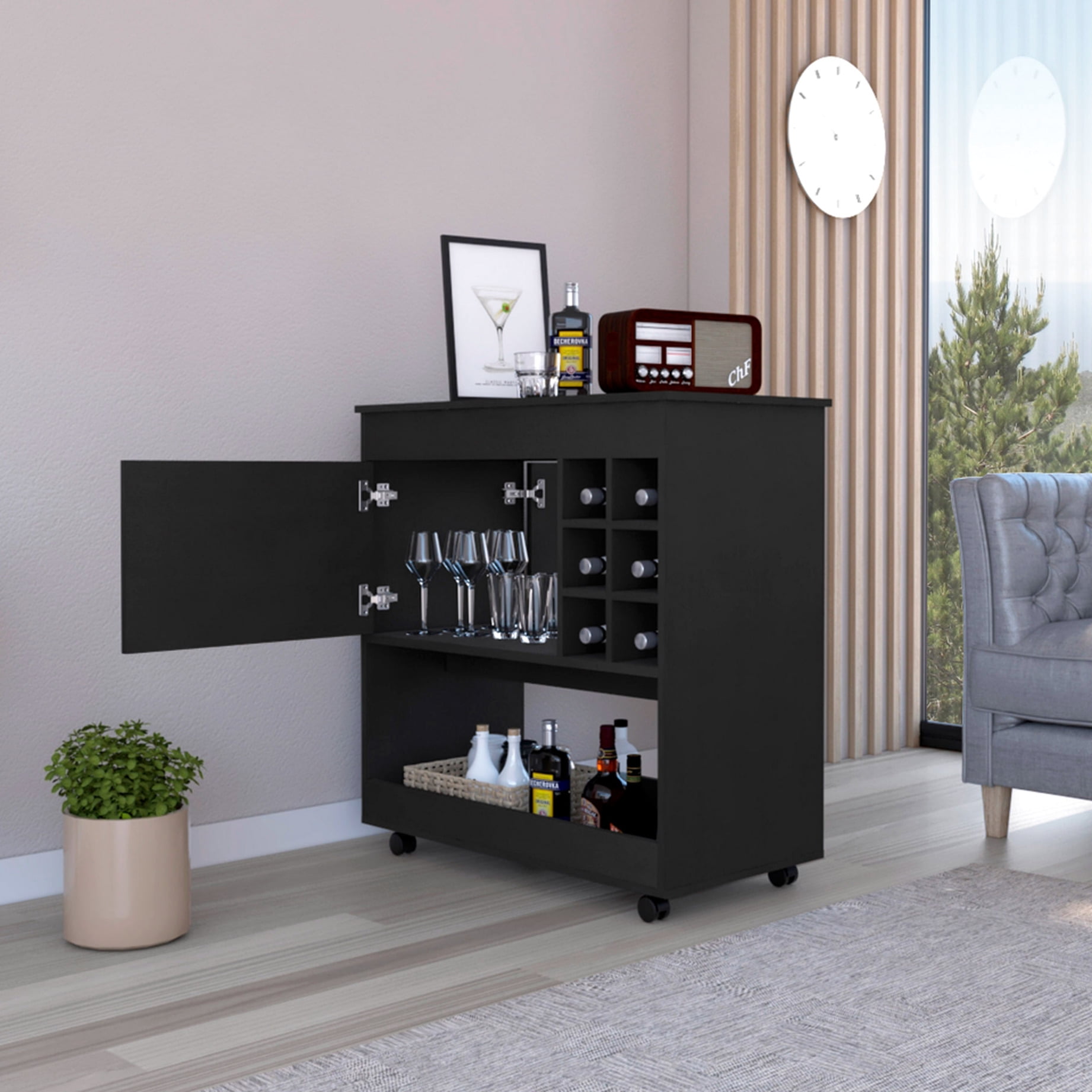 Bar Cart / Six 4'' Bottle Cubbies, Particle Board Material / Keeps Wine ...