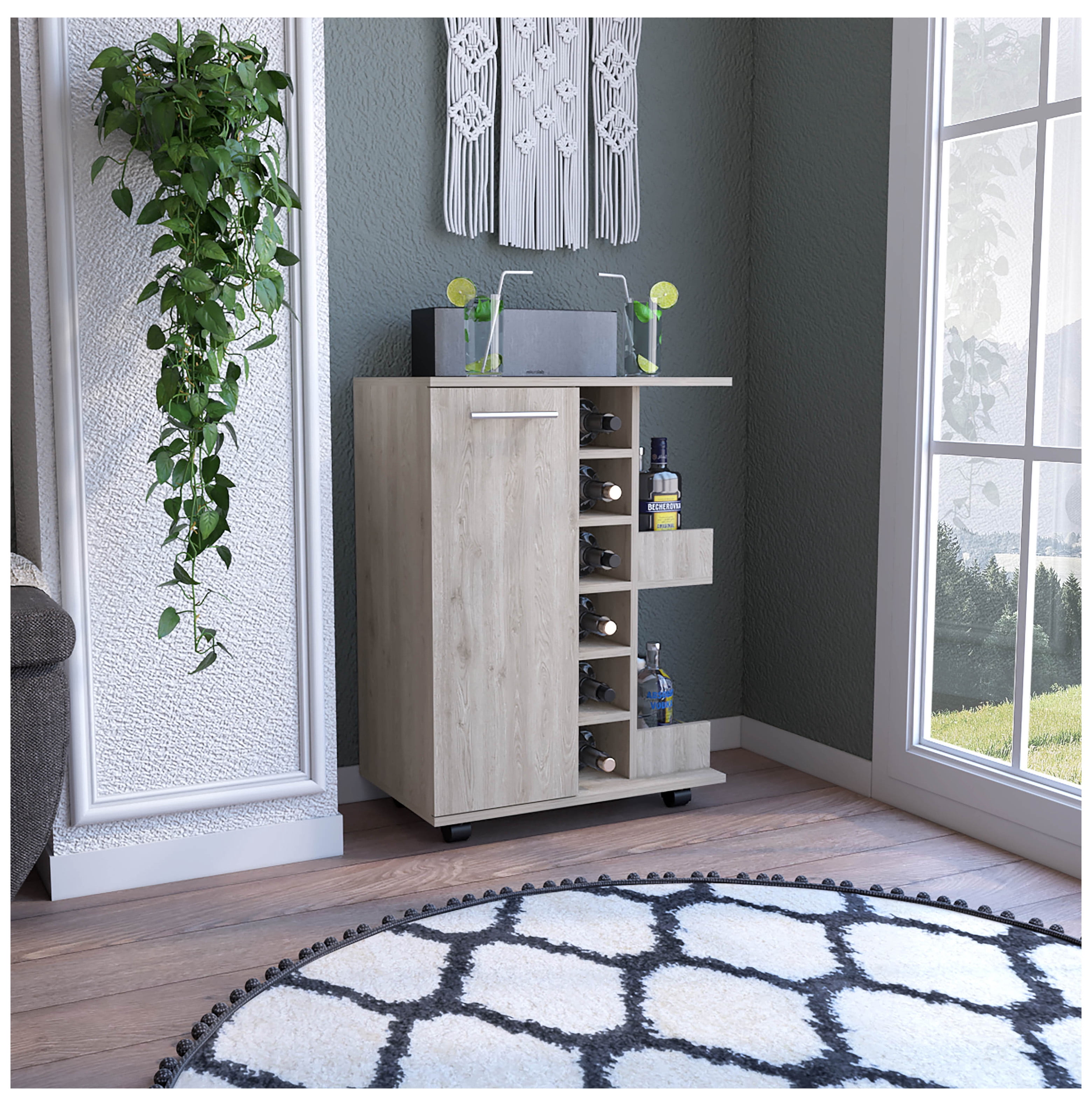 Bar Cart, Two External Shelves, Four Casters, Six Built-in Wine Rack ...