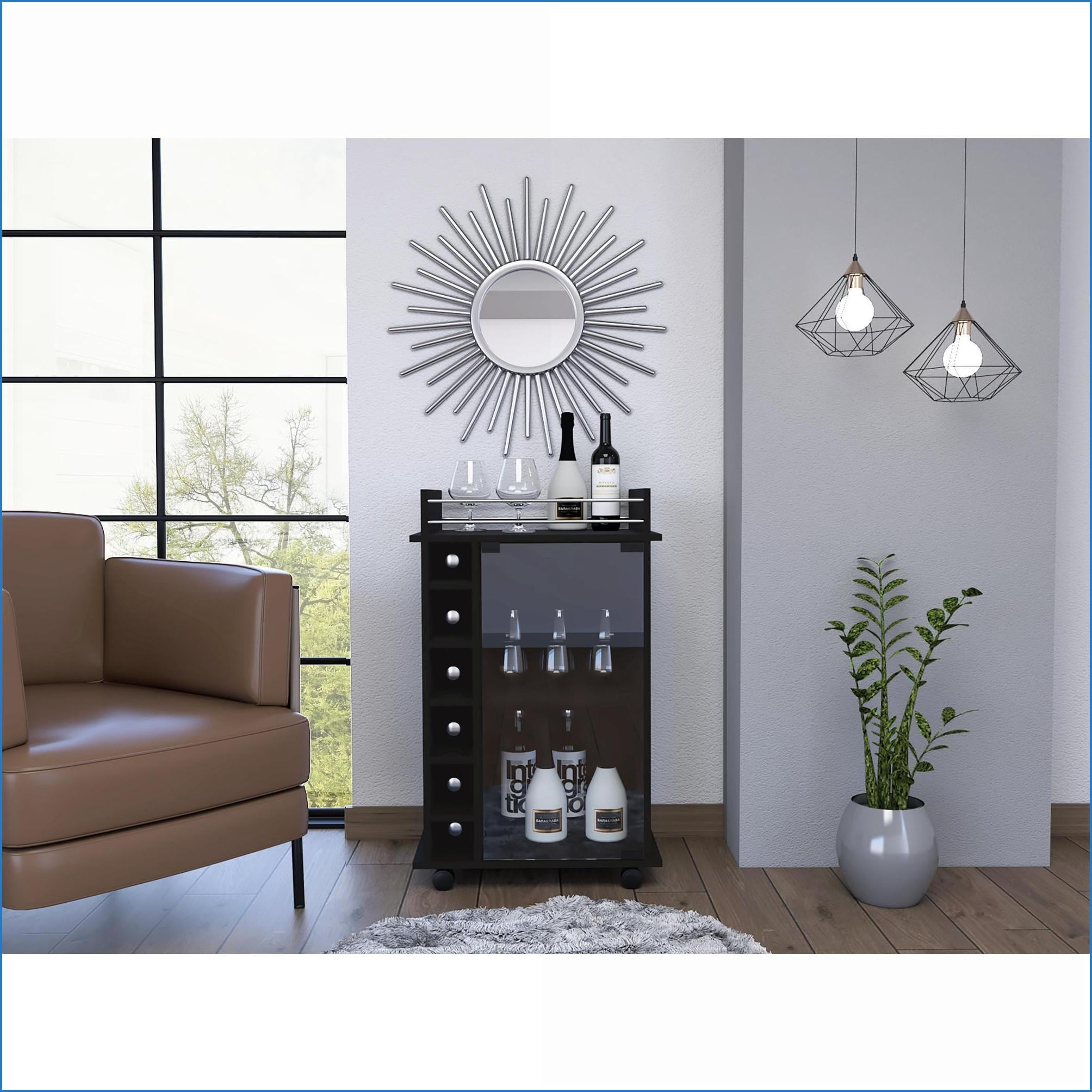 Bar Cart Two Tier with Glass Door Cabinet, Six Cubbies & Lockable ...