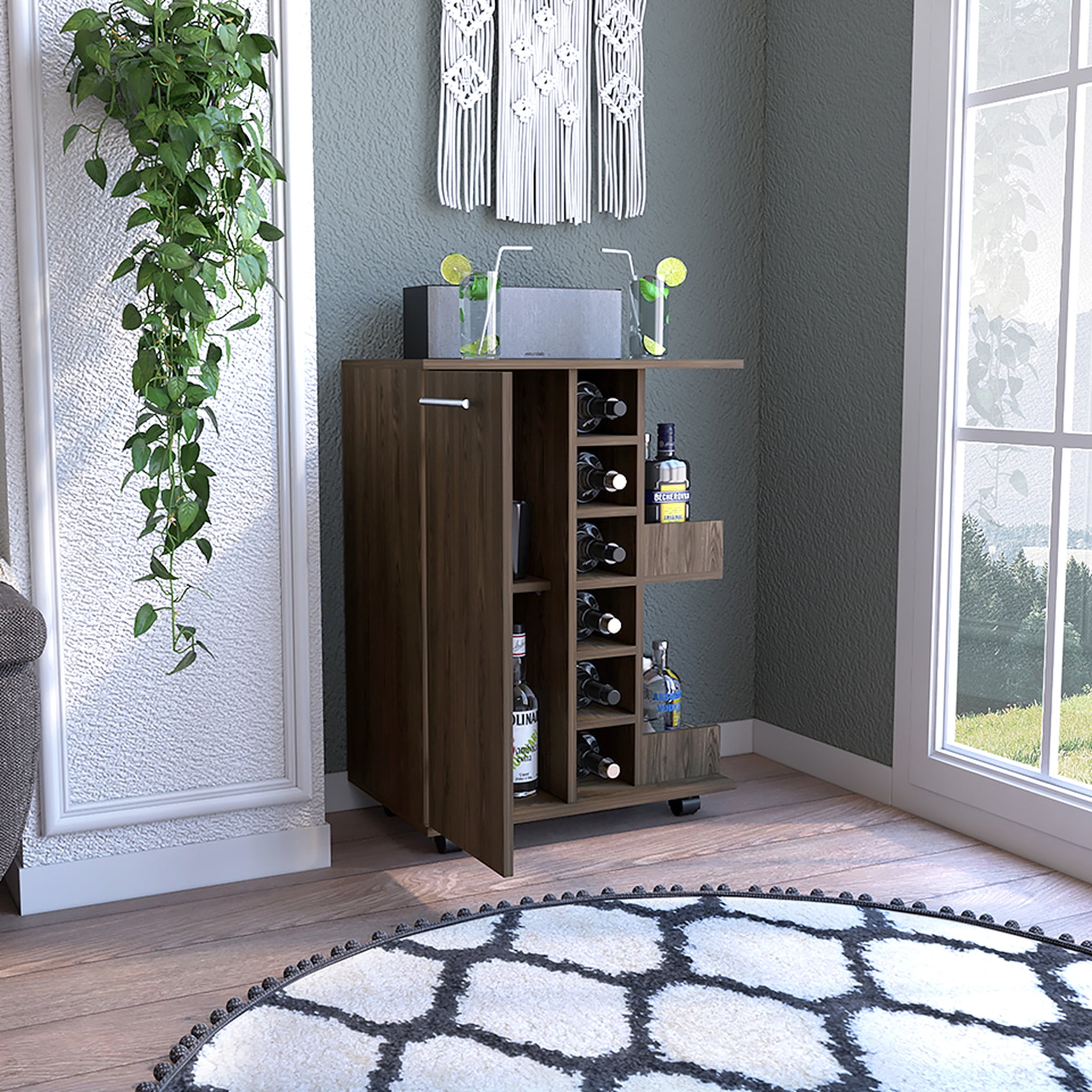 Bar Cart Wells With Dark Walnut Appearance, Four For Smooth Movement, One Enclosed Cabinet, Two ...