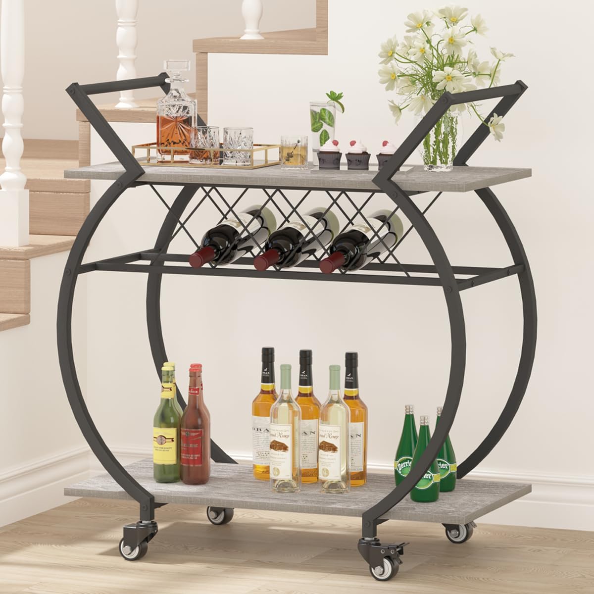 Bar Cart with Wine Rack, 2 Tier Farmhouse Kitchen Cart on Wheels ...