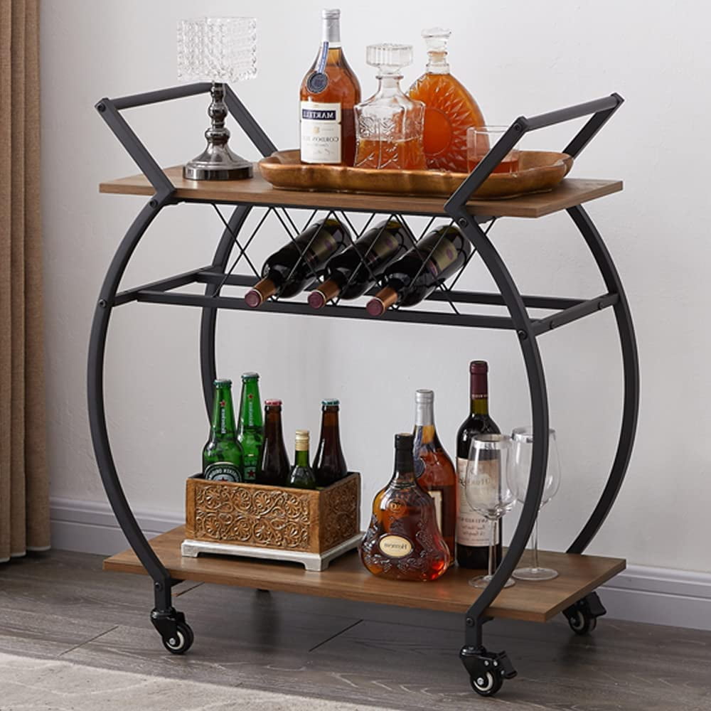 Bar Cart with Wine Rack, 2 Tier Kitchen Cart on Wheels, Modern Wood and ...