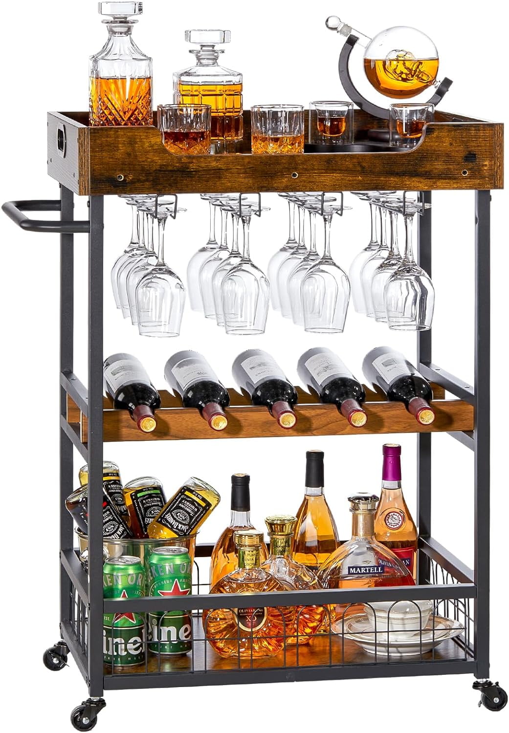 Bar Cart with Wine Rack,Mobile Kitchen Serving Cart with Storage and ...