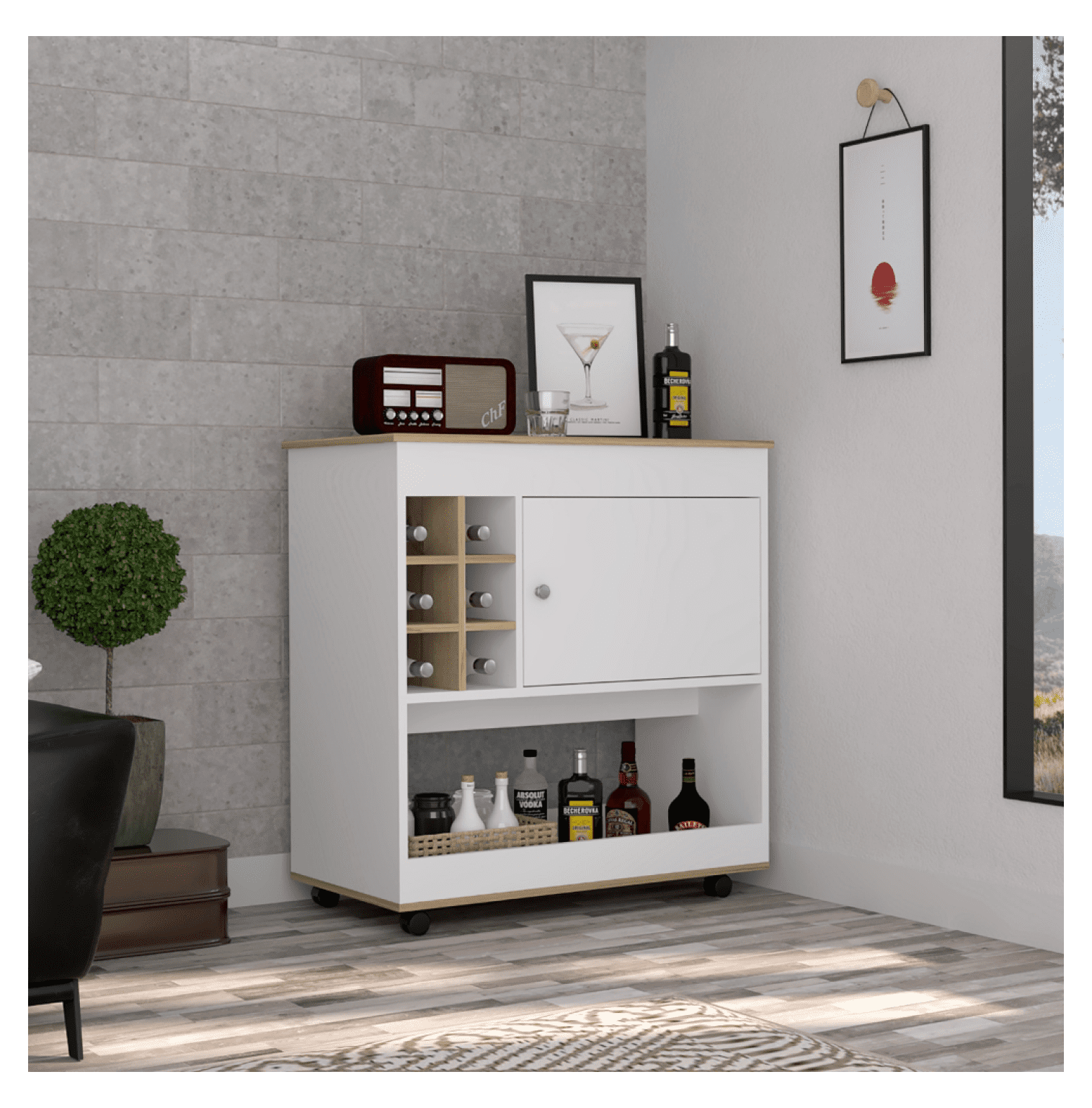 Bar Cart with Wine Storage, 6 Bottle Cubbies & Cabinet, Rolling Bar ...