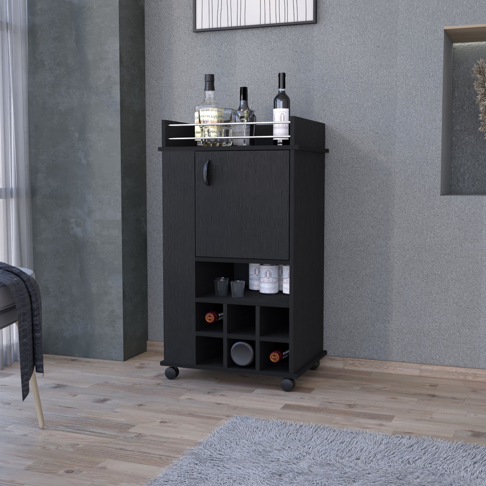 Bar Cart With 6 Wine - 2 Side Shelves, , Black, Freestanding Storage ...