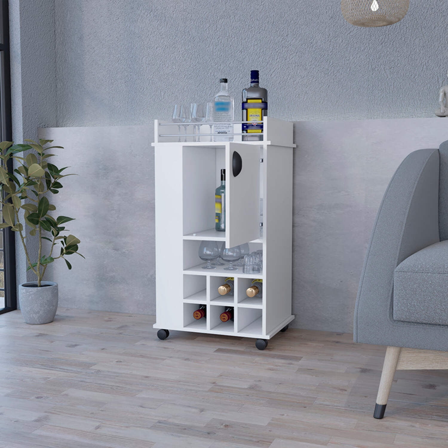 Bar Cart With Casters Reese, Six Wine Cubbies And Single Door, White ...