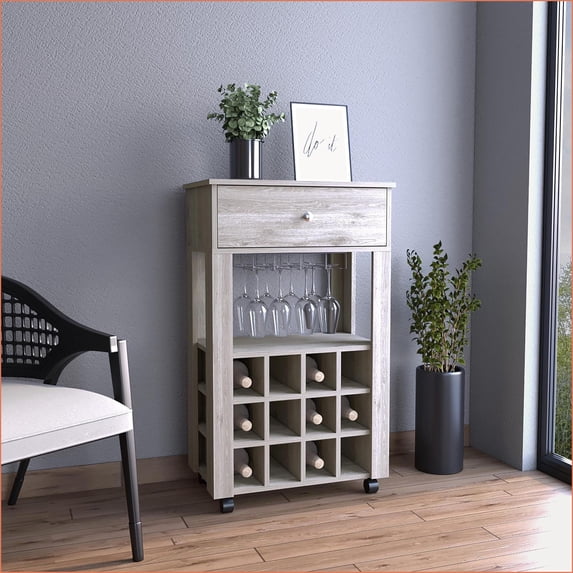 Bar Cart with 12-Bottle Wine Rack, 8-Glass Holder, Drawer - Light Gray ...