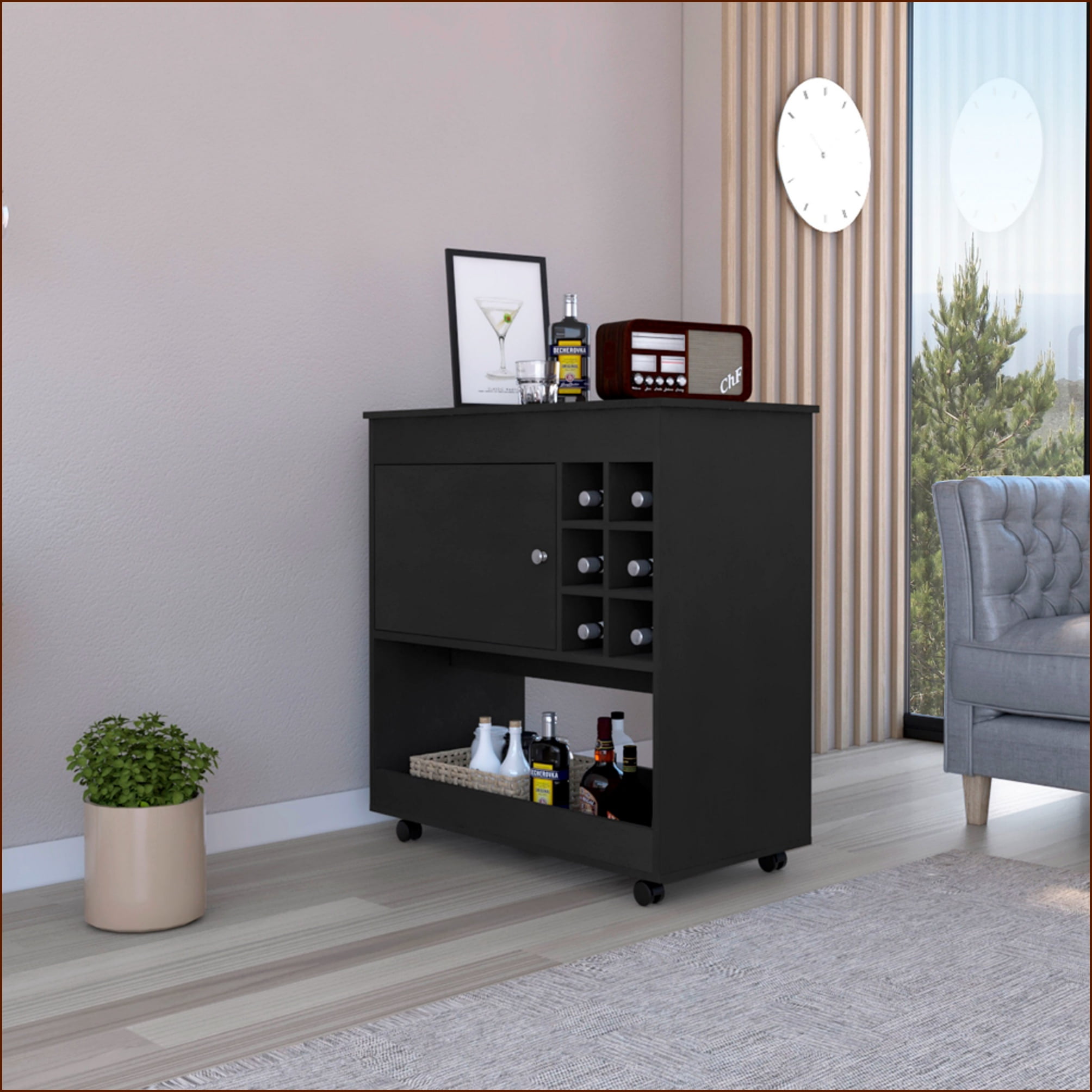 Bar Cart with 6 Bottle Cubbies, 1 Cabinet & Lower Panel, Black Wengue ...