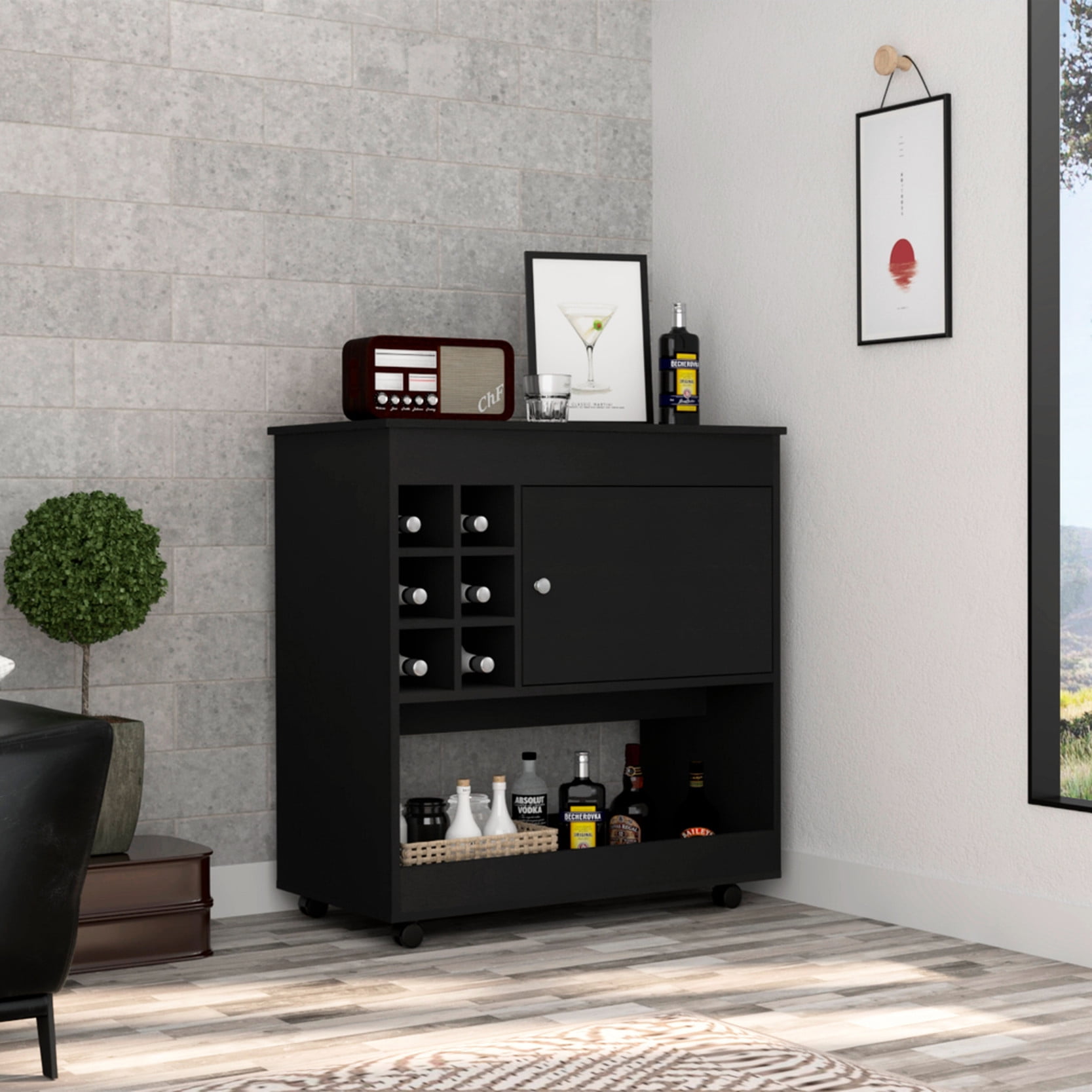 Bar Cart with Four Wheels, Six Cubbies and a Cabinet / Versatile for ...