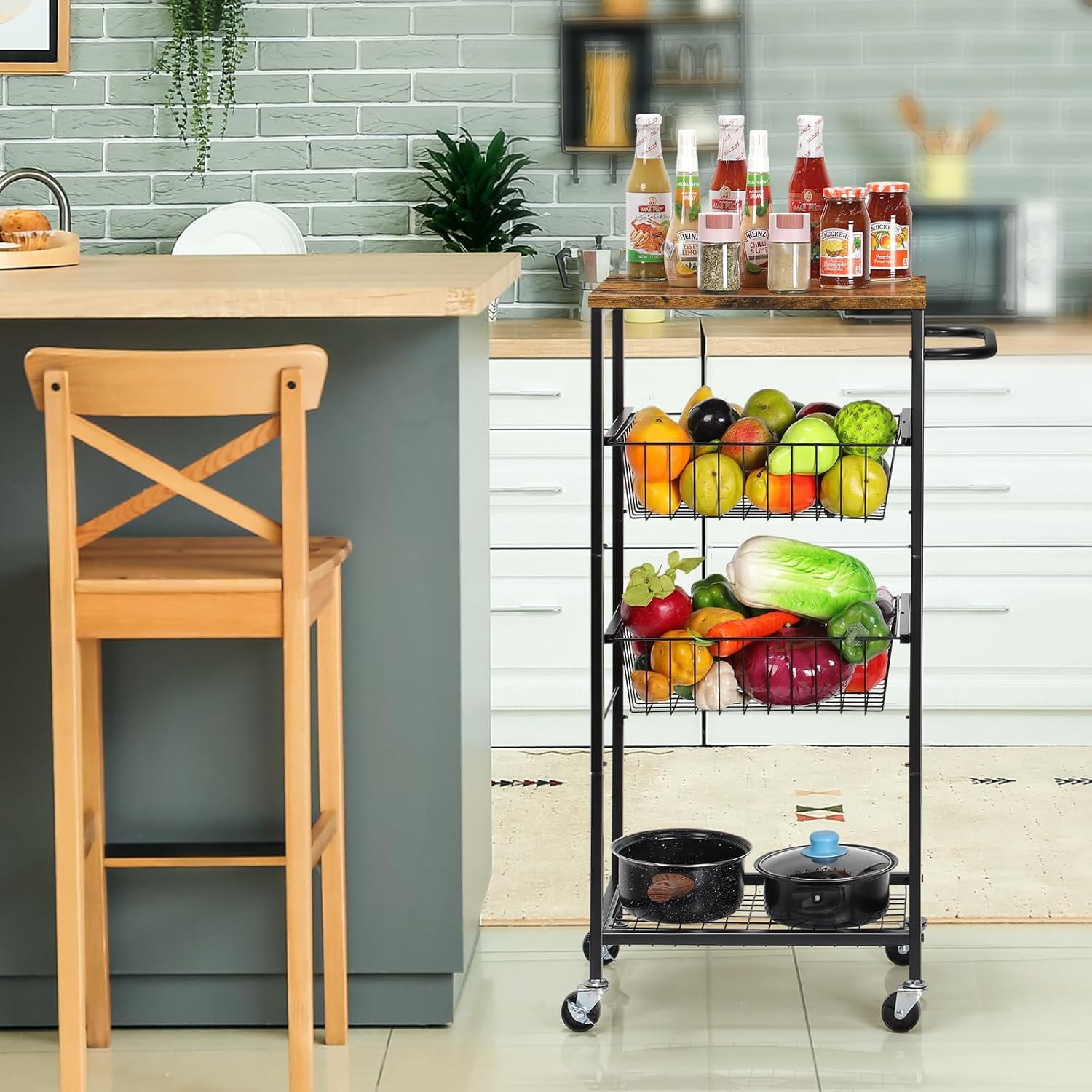 Bar Cart with Handle, Serving Cart with Pull-Out Mesh Baskets, Utility ...