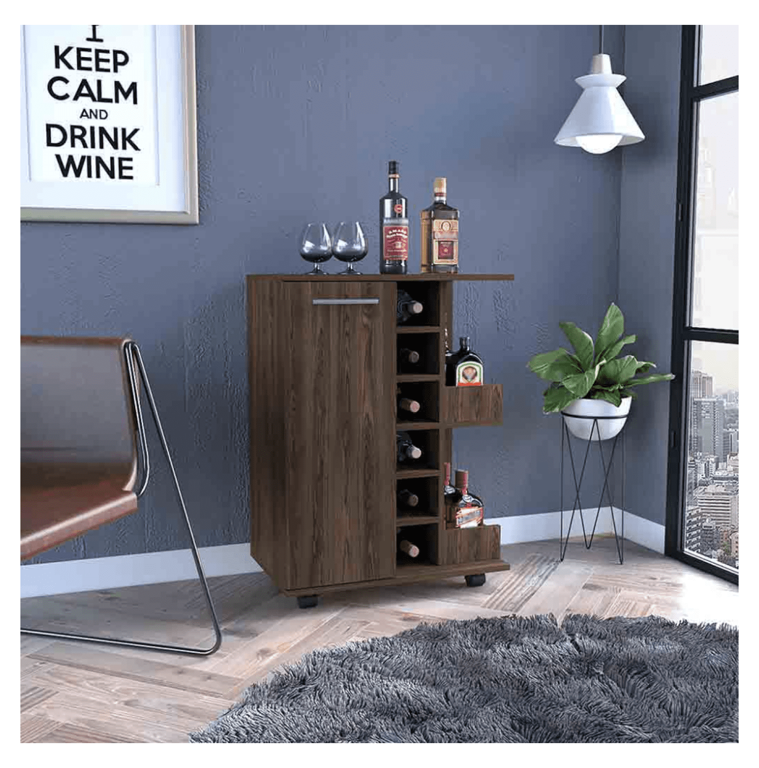 Bar Cart with Storage, Dark Walnut - Rolling Serving Cart with Cabinet ...