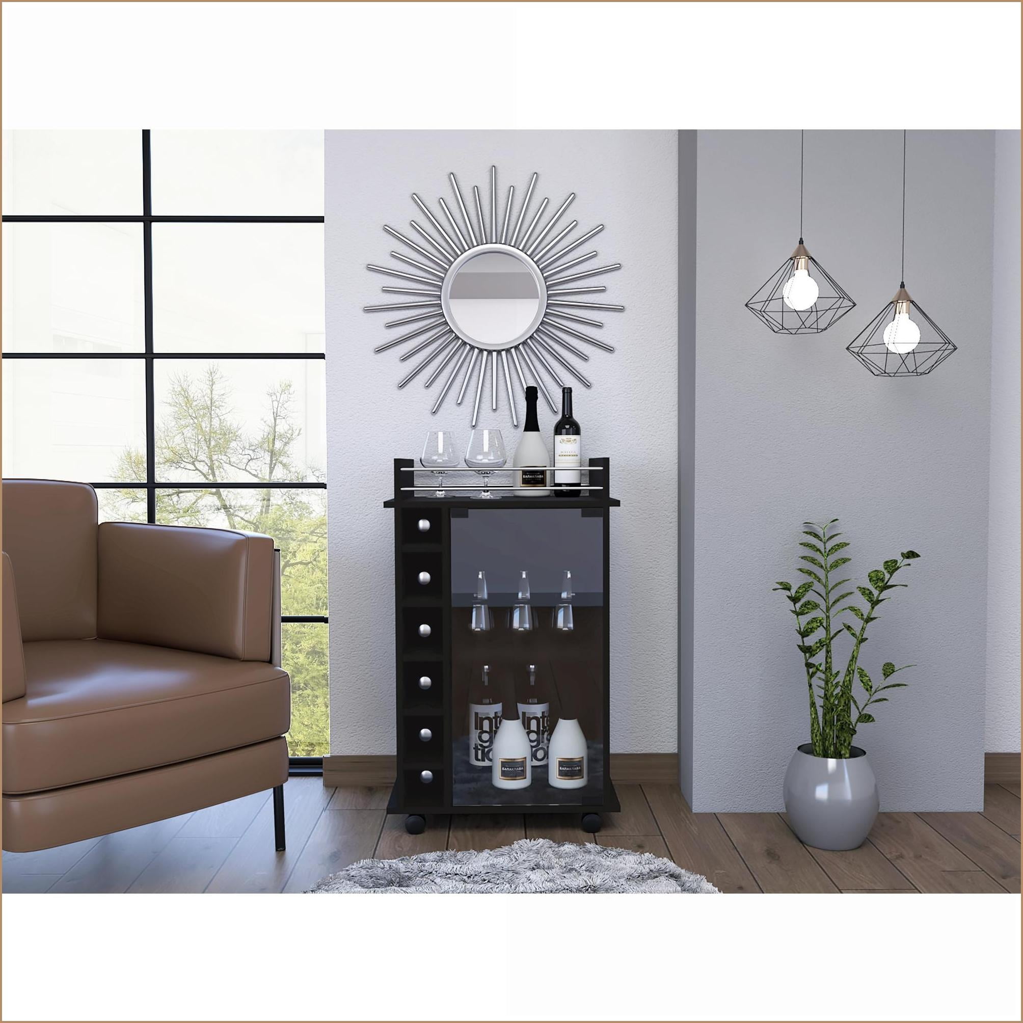 Bar Cart with Two-Tier Glass Door Cabinet & Six Liquor Cubbies | Modern ...