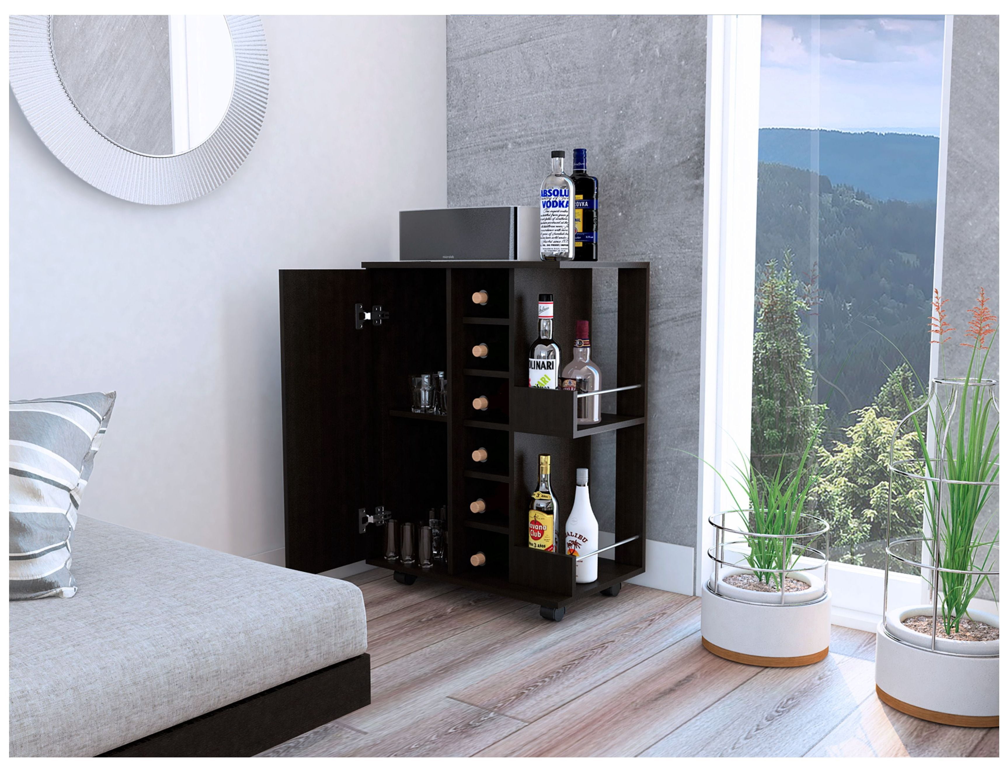Bar Cart with Wine Storage, Black Wengue Finish - Rolling Bar Cabinet ...