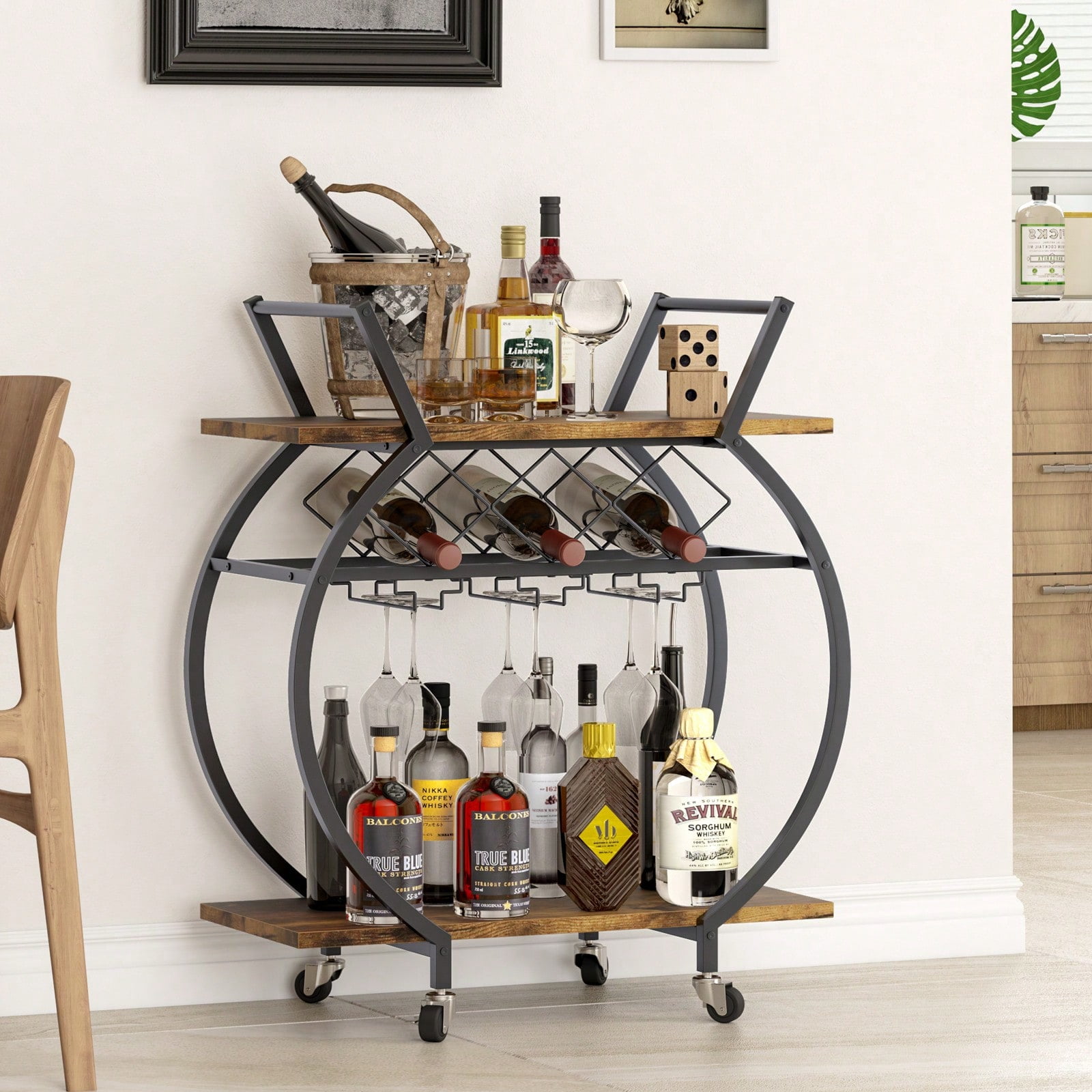 Bar Carts 2 Tiers Rolling Home Serving Cart With Wine Rack And Wheels ...