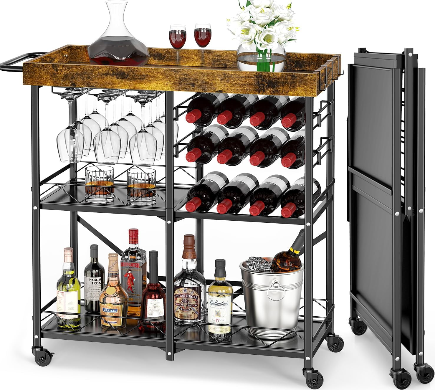 Bar Carts for The Home, 3-Tier Folding Bar Cart with Wheels, Removable Wine Rack, Glass Holder ...