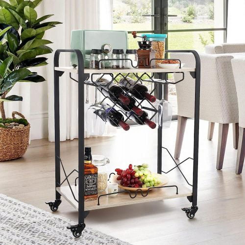 Bar Carts for The Home, 2-Tier Mobile Bar Serving Cart with Wine Racks and Glasses Holders, Wine ...