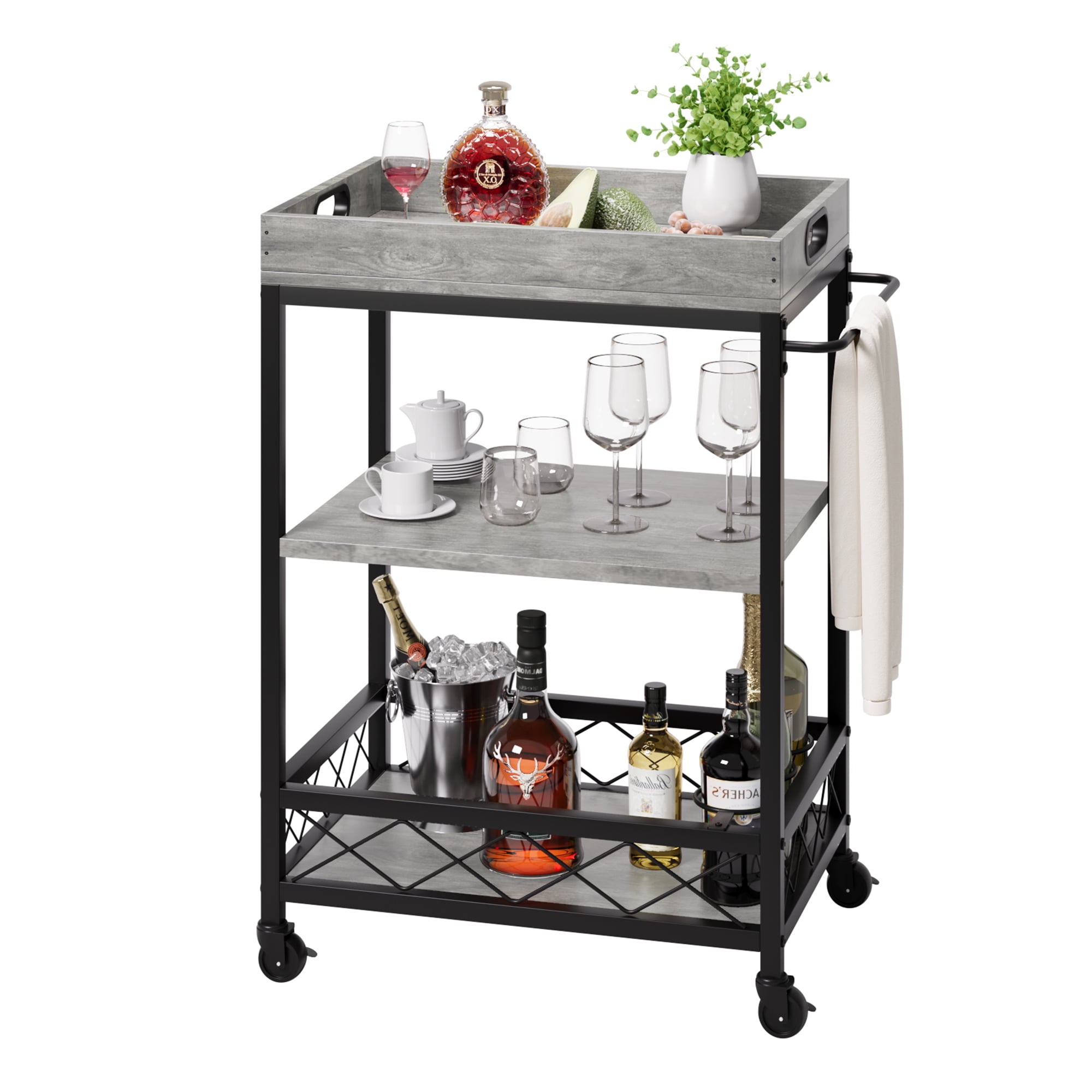 Bar Carts for The Home, Bar Cart, Serving Cart with Wheels, 3 Tier Bar ...