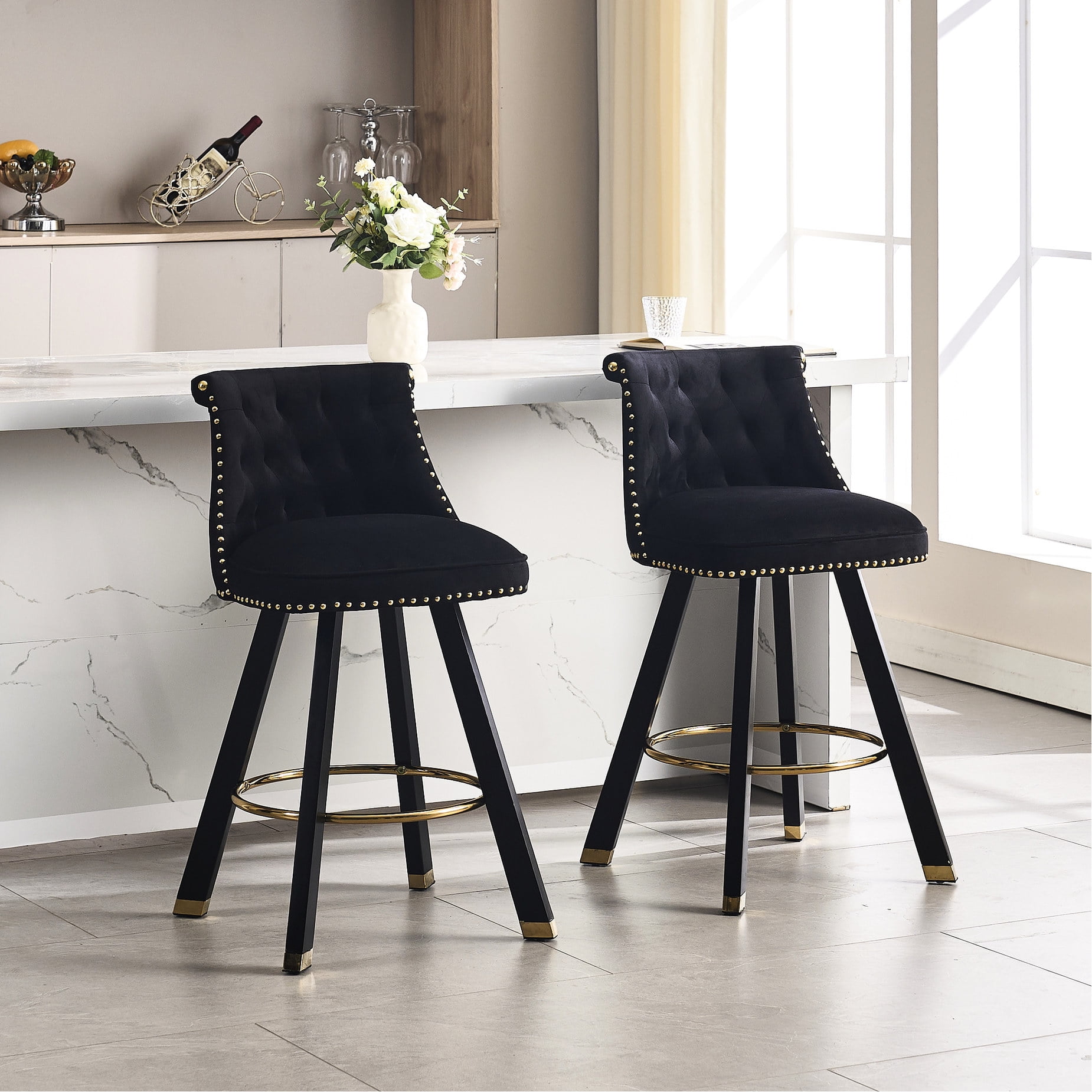 Bar Chair Set of 2 with Square Foot | 360 Degree Rotation, Back Pull ...