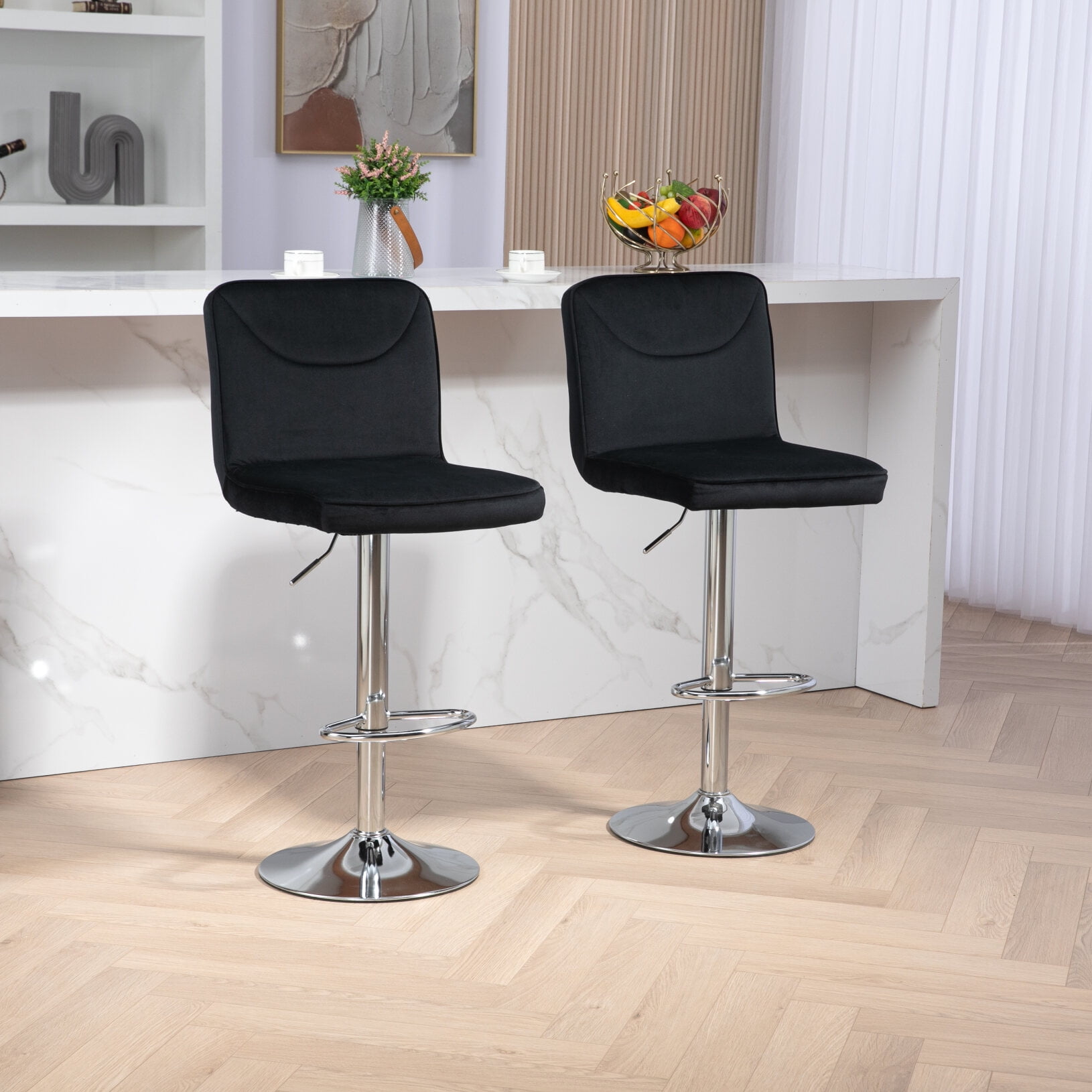Bar Chairs Set of 2, Simple Upholstered Velvet Bar Stools with Sliver ...