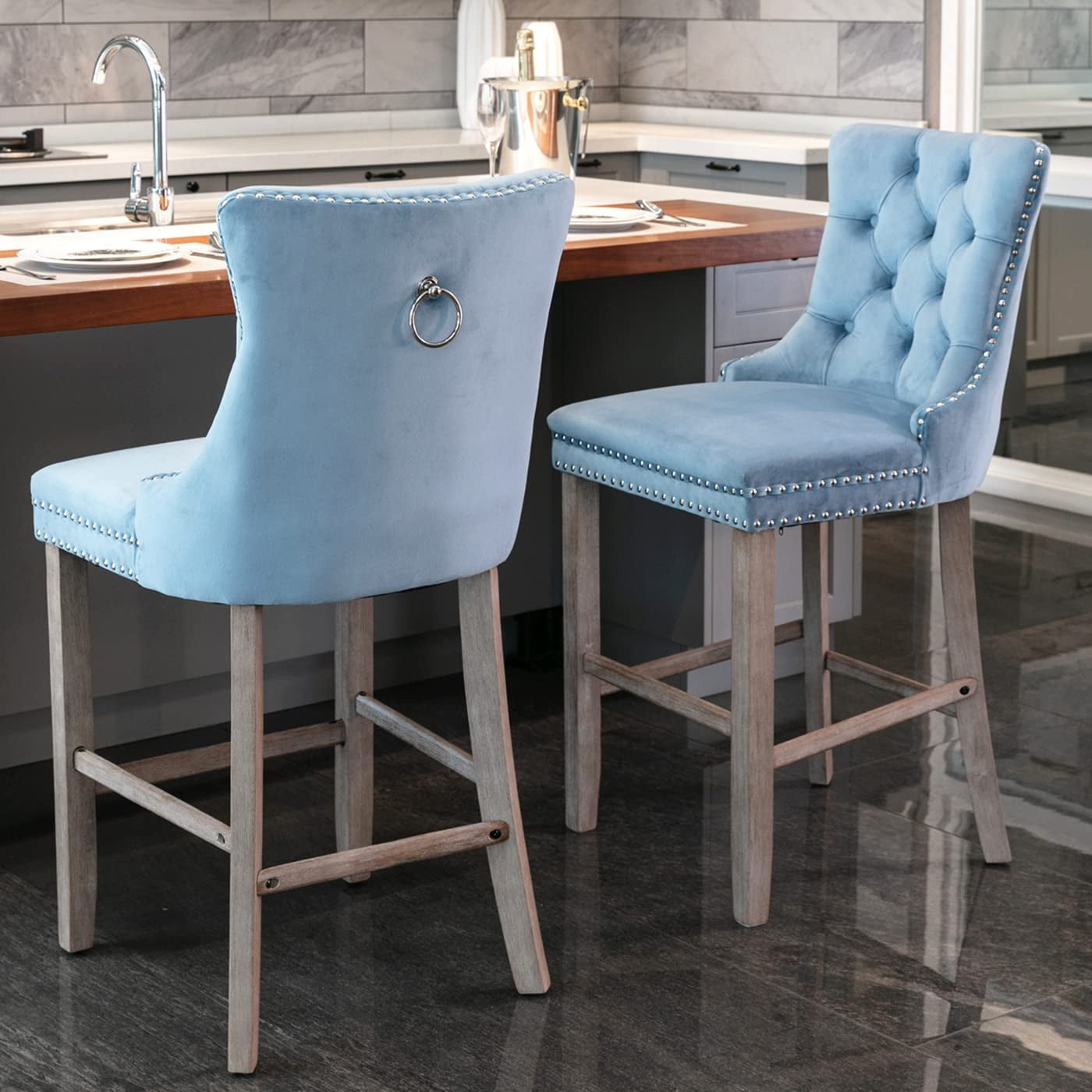 Bar Chairs Set of 2, Velvet Upholstered Bar Stools with Button Tufted ...