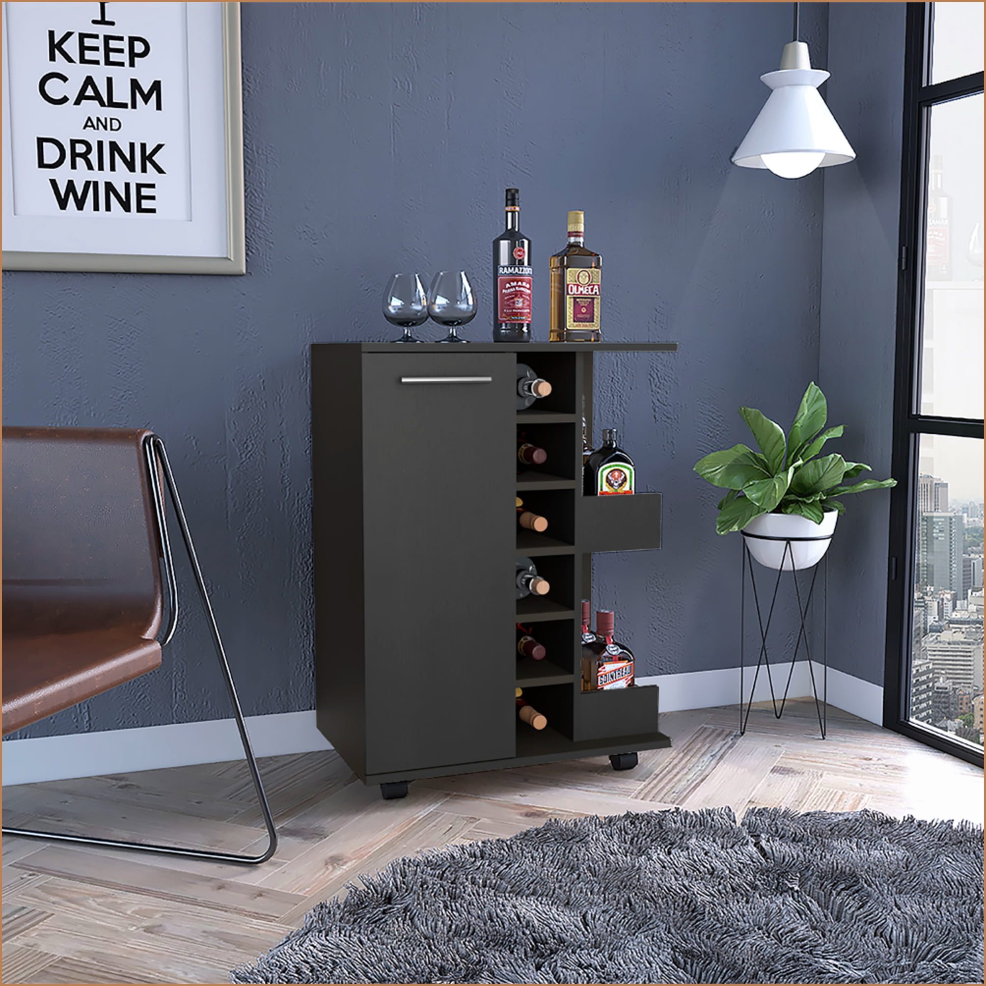 Bar Coffee Cart, Black | Cabinet Storage, 4 Locking Wheels, 6 Bottle ...