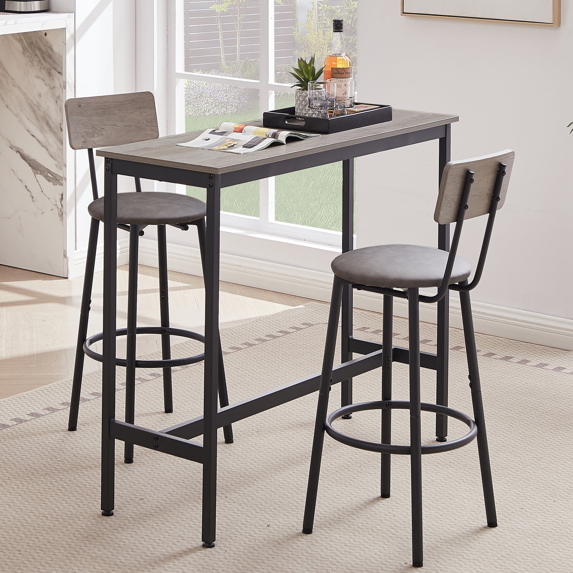 Bar Dining Table Set for 2, Gray Kitchen Table and 2 Chairs, Rectangle ...