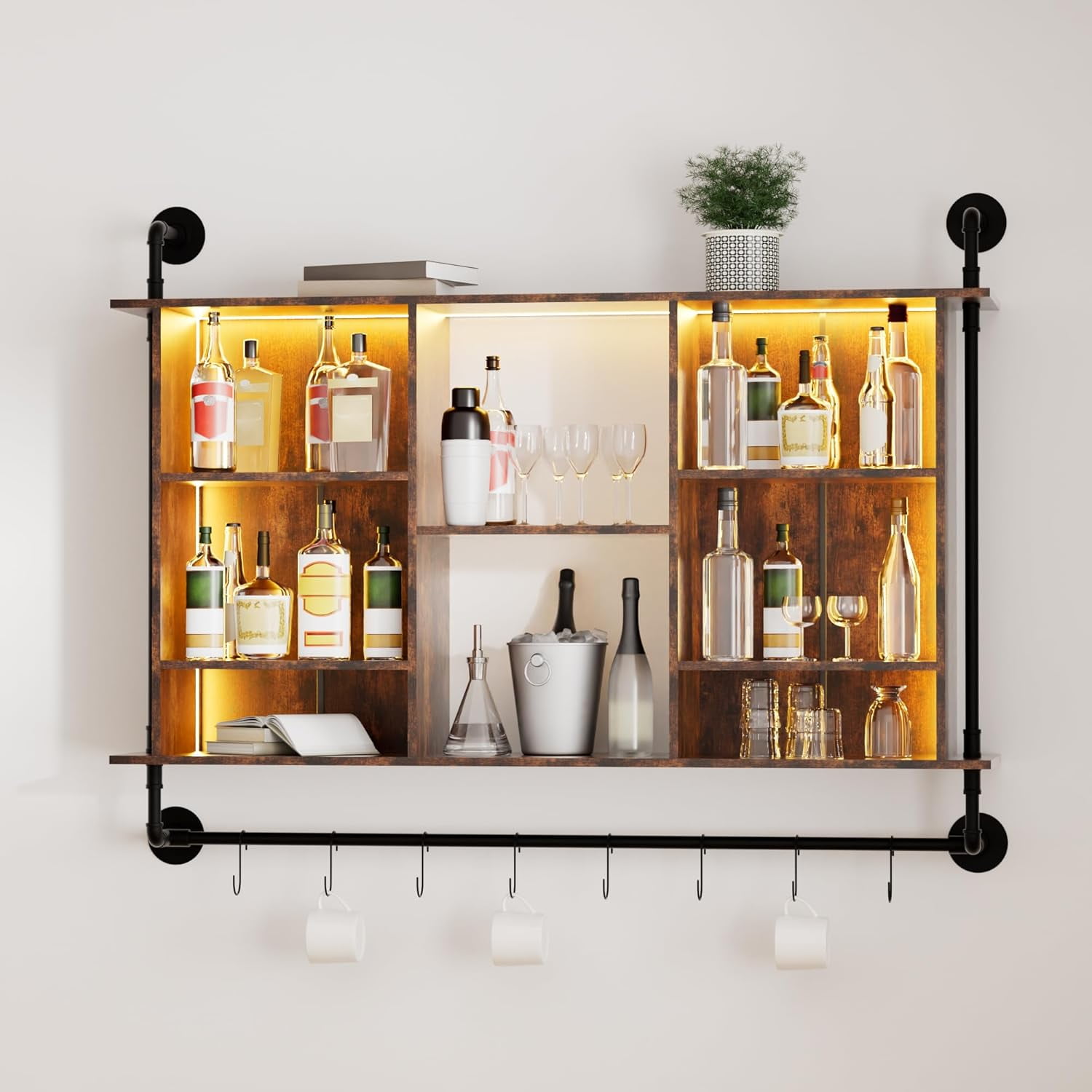 Bar Floating Shelves with Lights, Bar Shelf Wall Mounted with 8 S-Hook ...