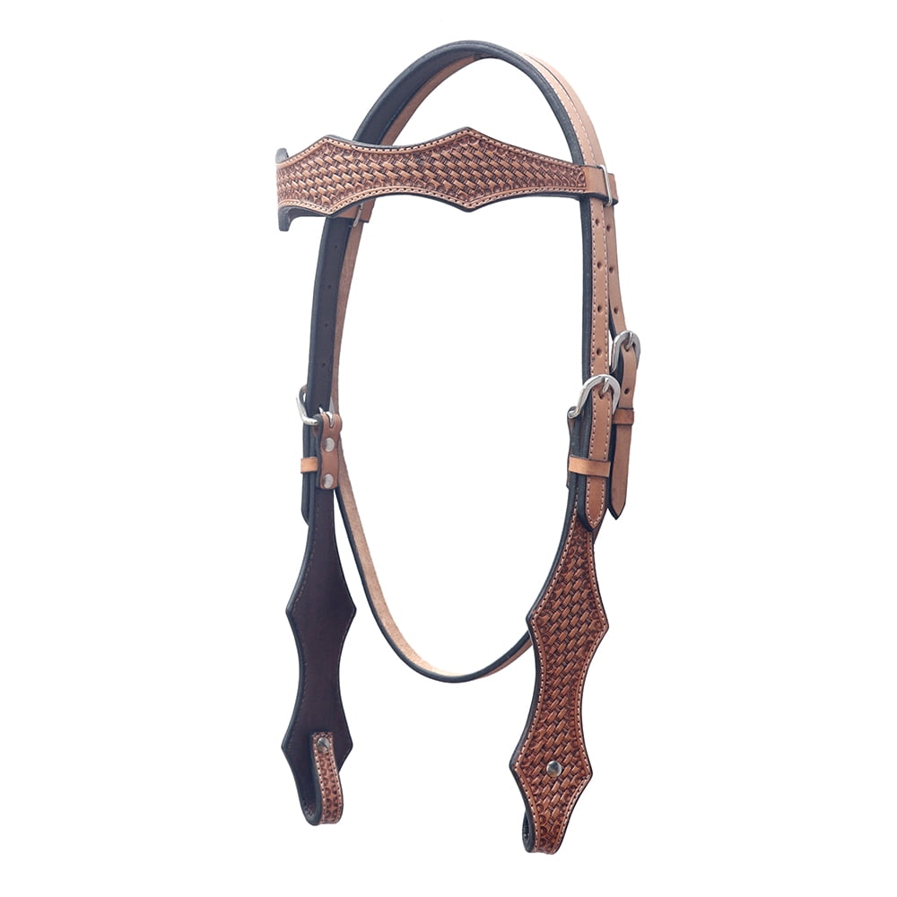 Bar H Equine Horse Genuine Leather Headstall Basket Weave Tooled Brown ...
