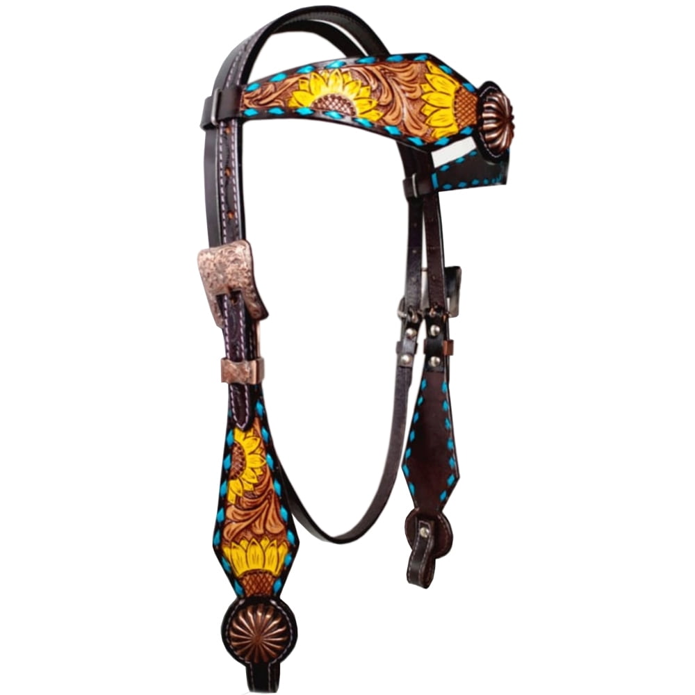 Bar H Equine Horse Leather Pinwheel Sunflower Floral Headstall Dark ...