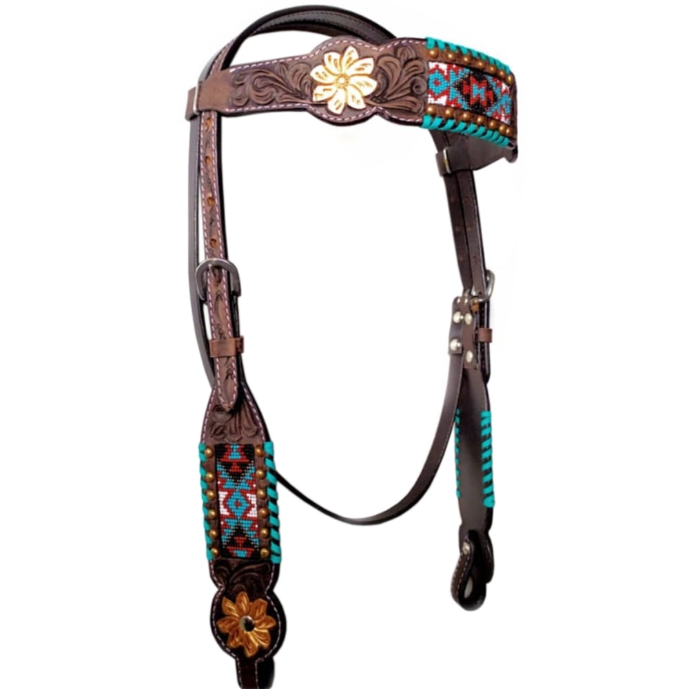 Bar H Equine Western Horse Floral Beaded Genuine American Leather ...