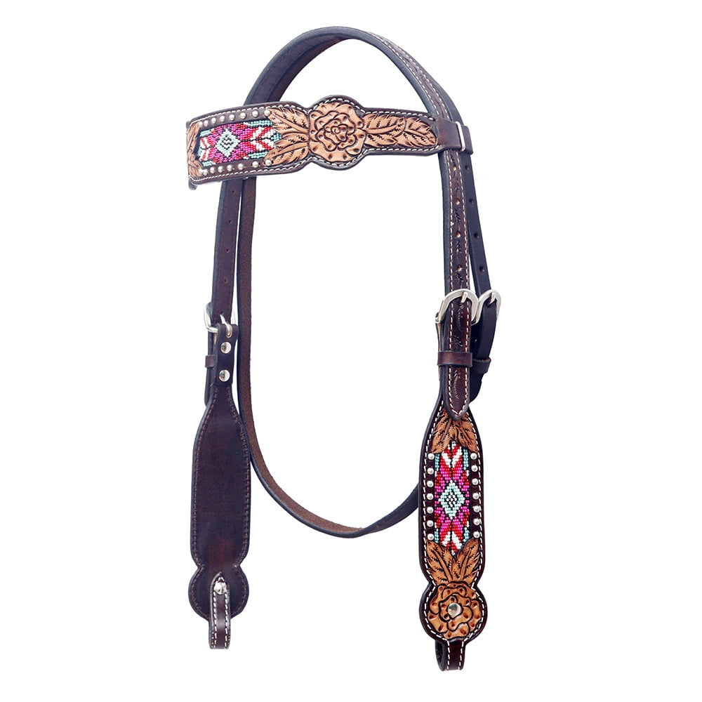 Bar H Equine Western Leather Horse Headstall Floral Beeded Inlay Brown ...